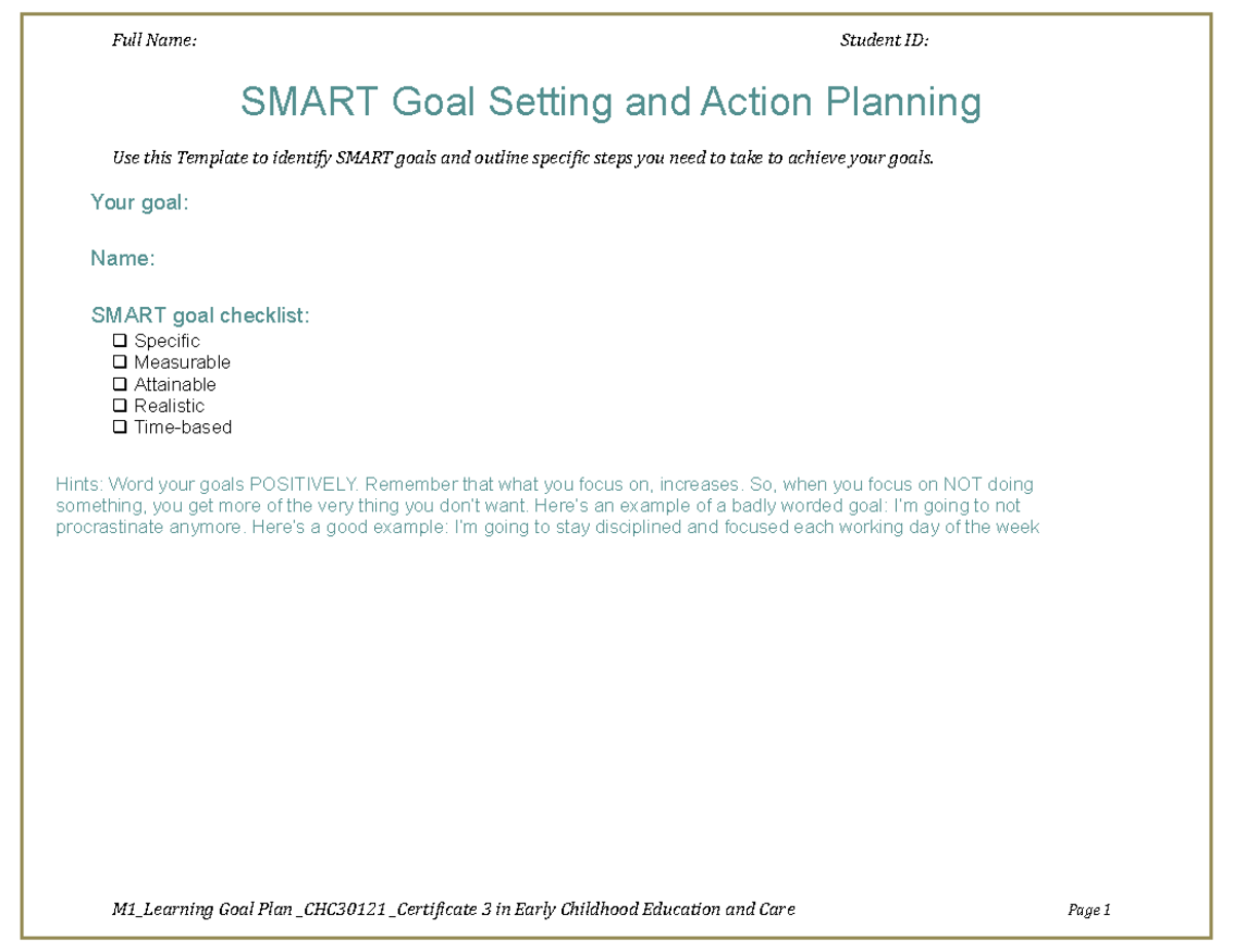 CHC30121 M1 AT01 SMART Goal Setting & Action Planning Template - Studocu
