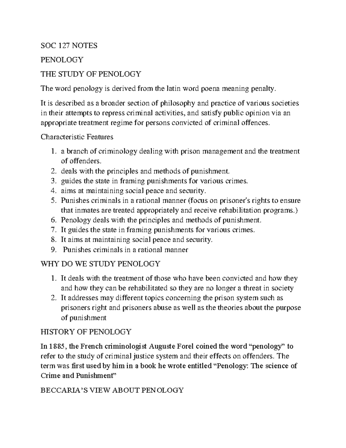 Final Notes on SOC 127: Understanding Penology and Criminal Justice ...