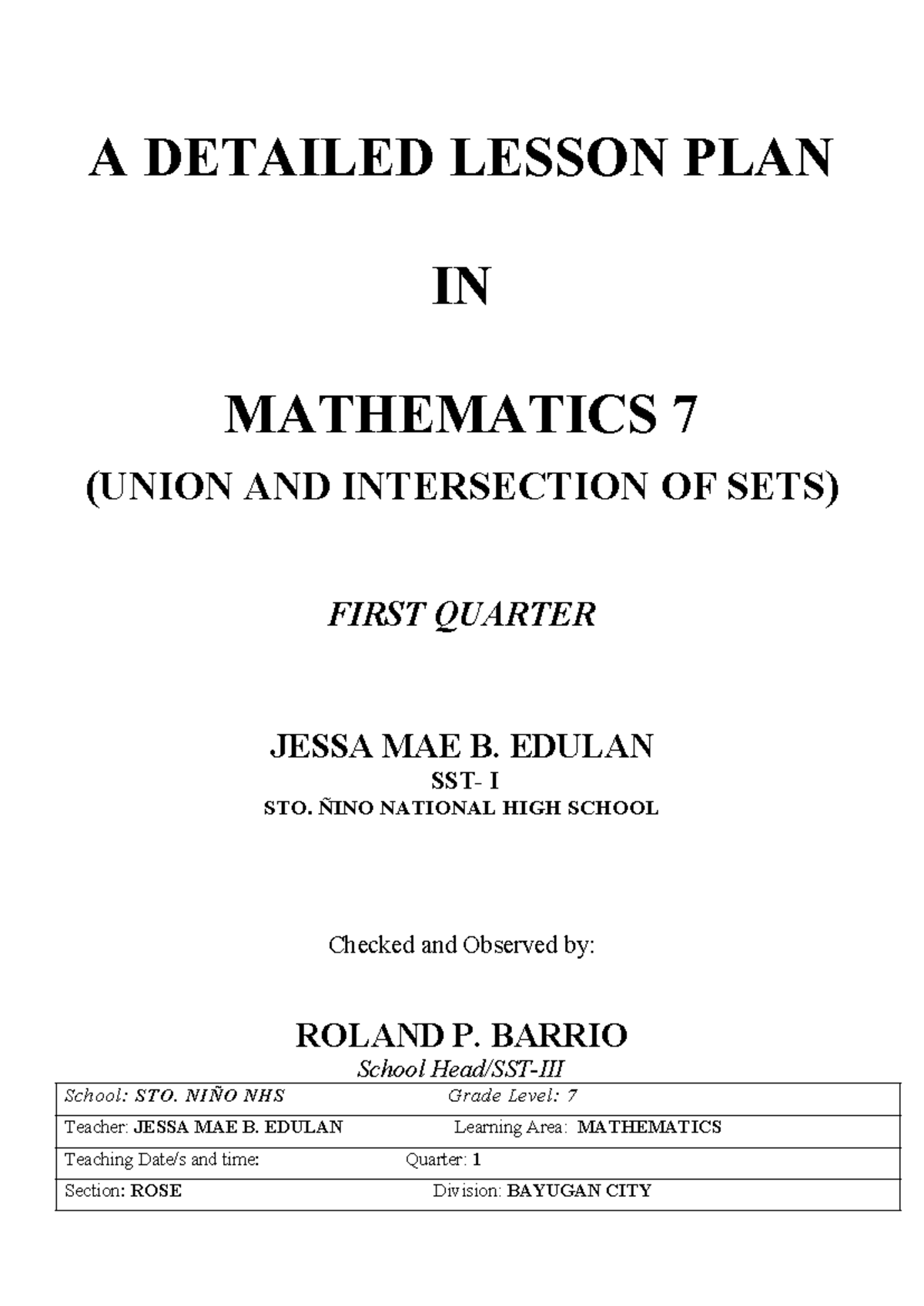 Detailed Lesson Plan in Math 7: Union & Intersection of Sets - Studocu