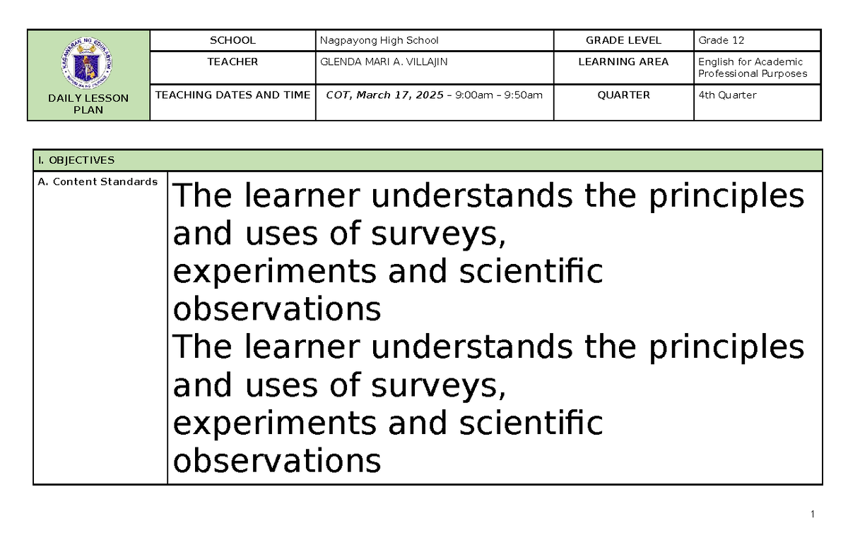 COT-DLP-EAPP: Daily Lesson Plan for Grade 12 English - Studocu