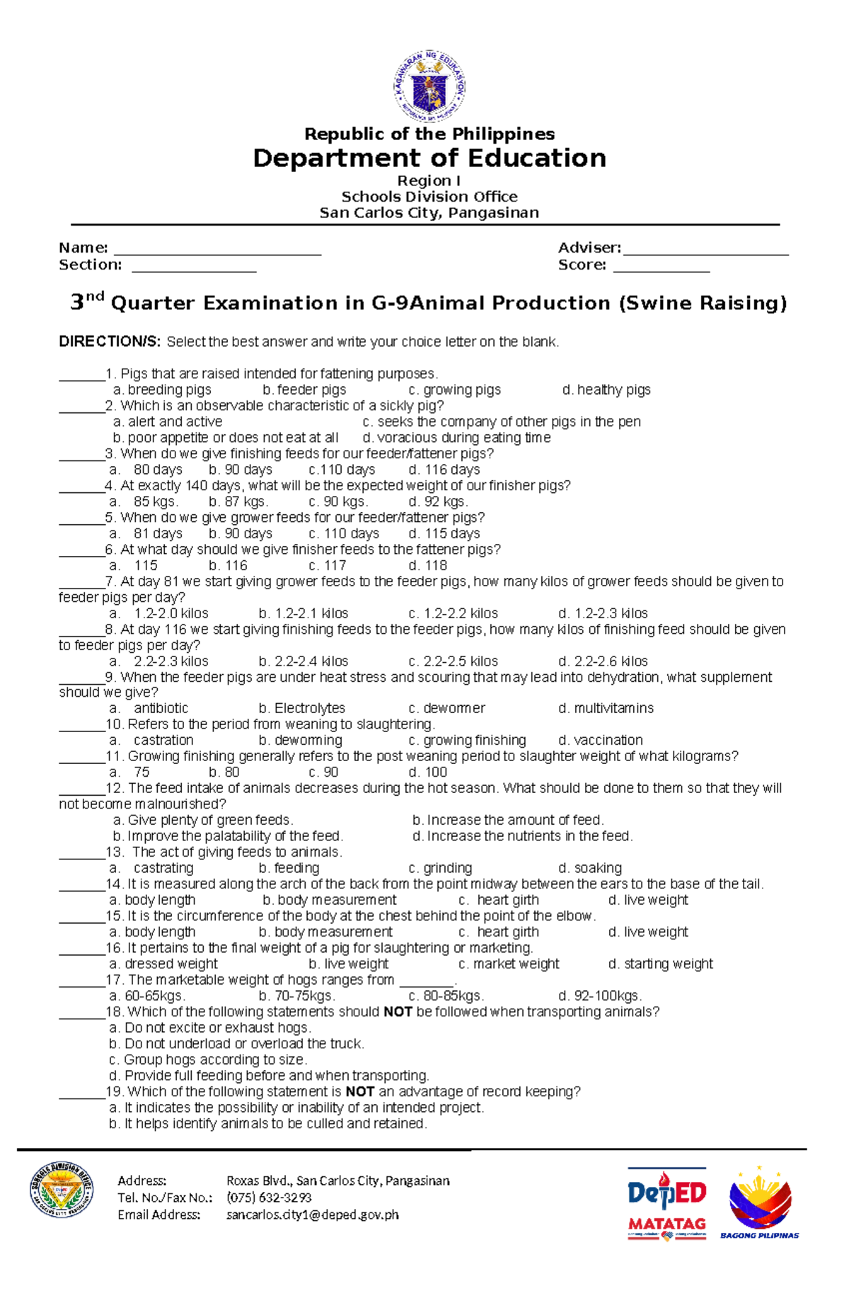 TQ Q3 exam aniaml production G9 (swine) - Department of Education ...