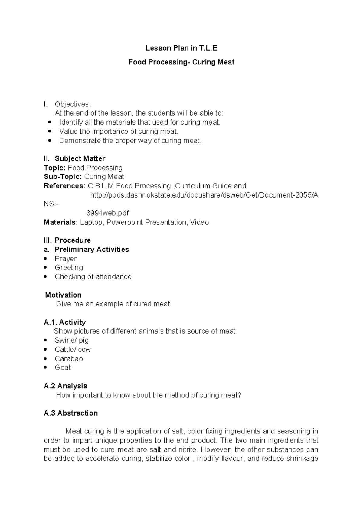Food Processing (FP 101) - Lesson Plan on Curing Meat Techniques - Studocu