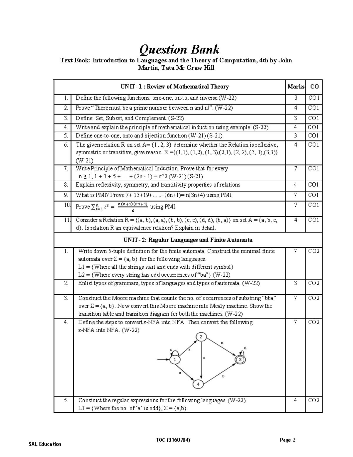 Theory OF Computation Question BANK - TOC (3160704) Page 2 Question Bank Text Book: Introduction ...