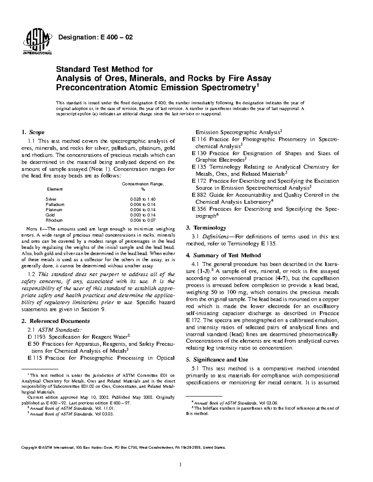 E 400 - 02 Standard Test Method for Ores and Minerals Analysis - Studocu