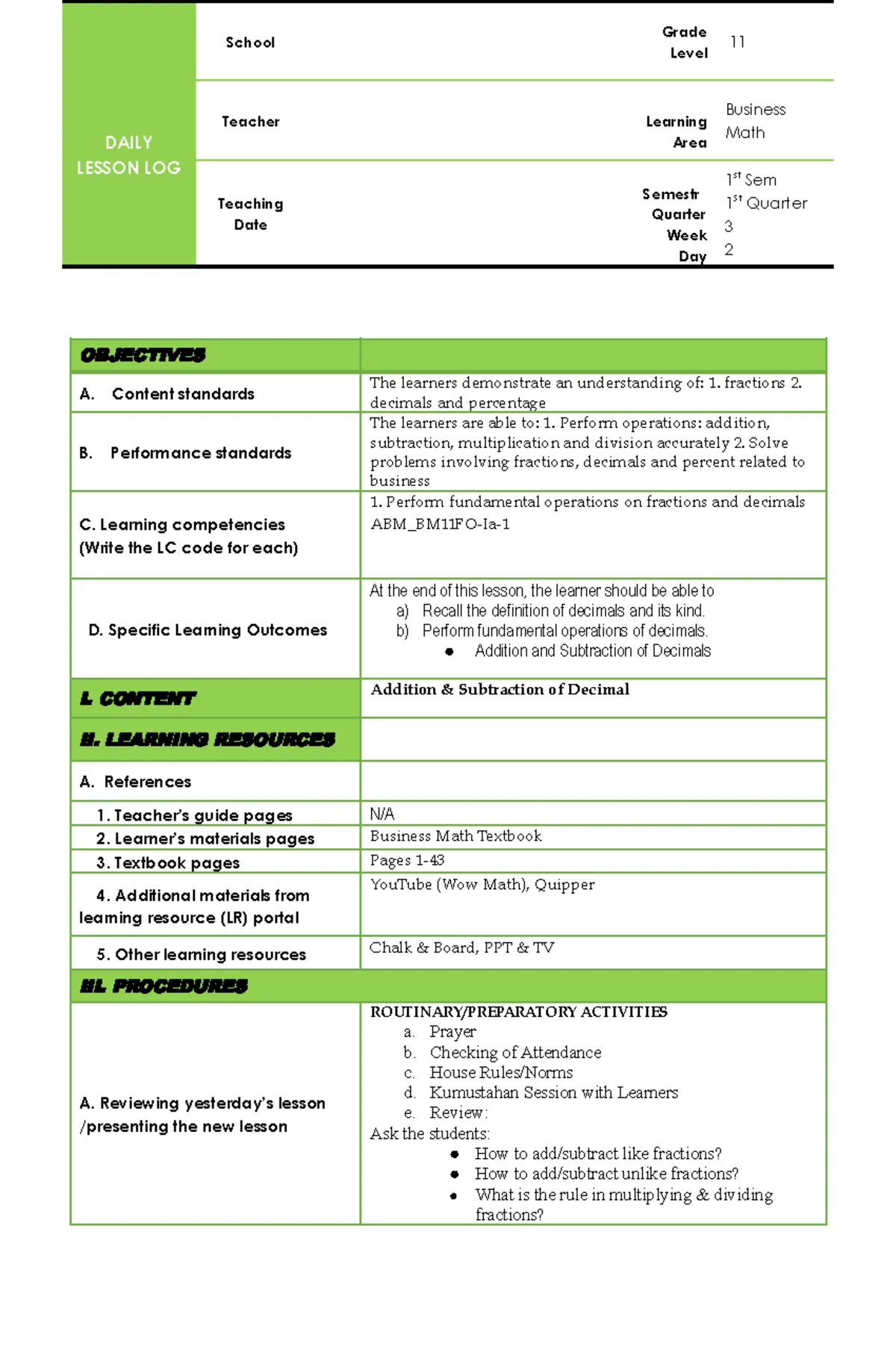 DAILY LESSON LOG: Business Math - Fundamental Operations on Fractions ...