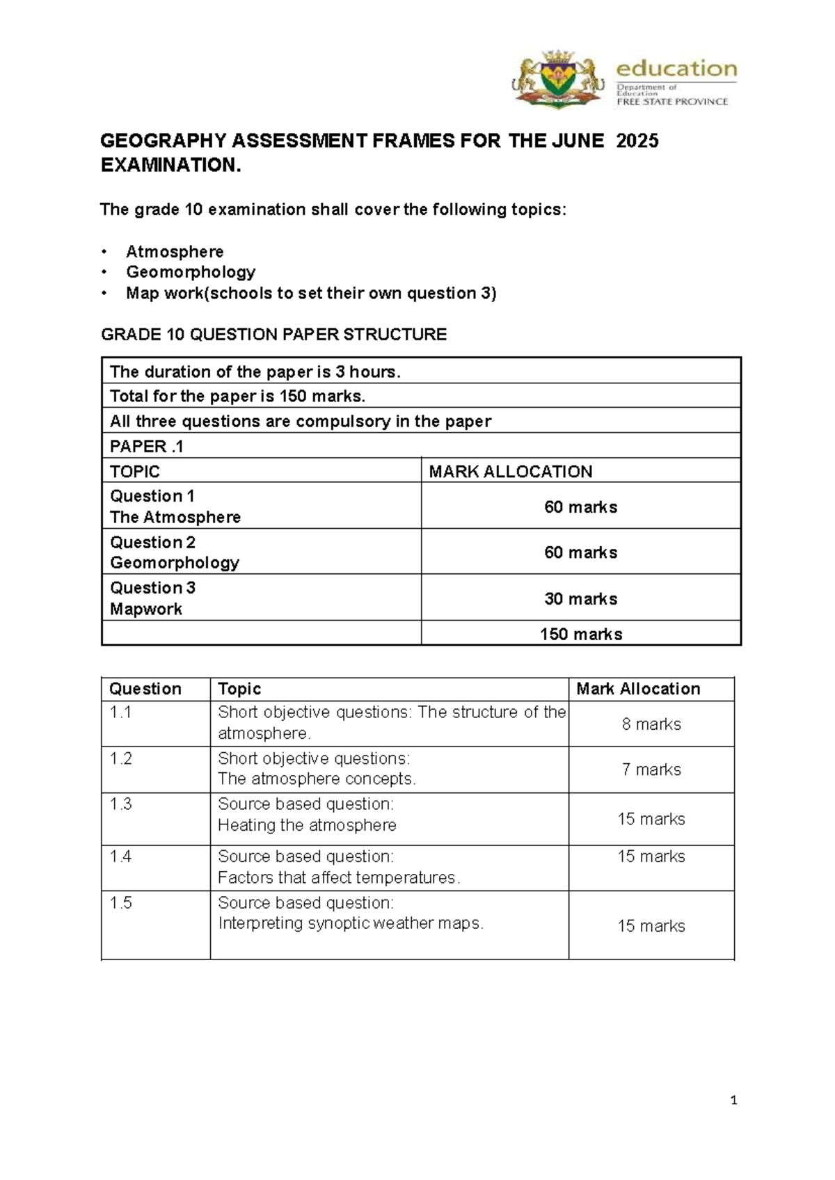 Geography Assessment Frames for June 2025 Exam (Grade 10 & 12) - Studocu