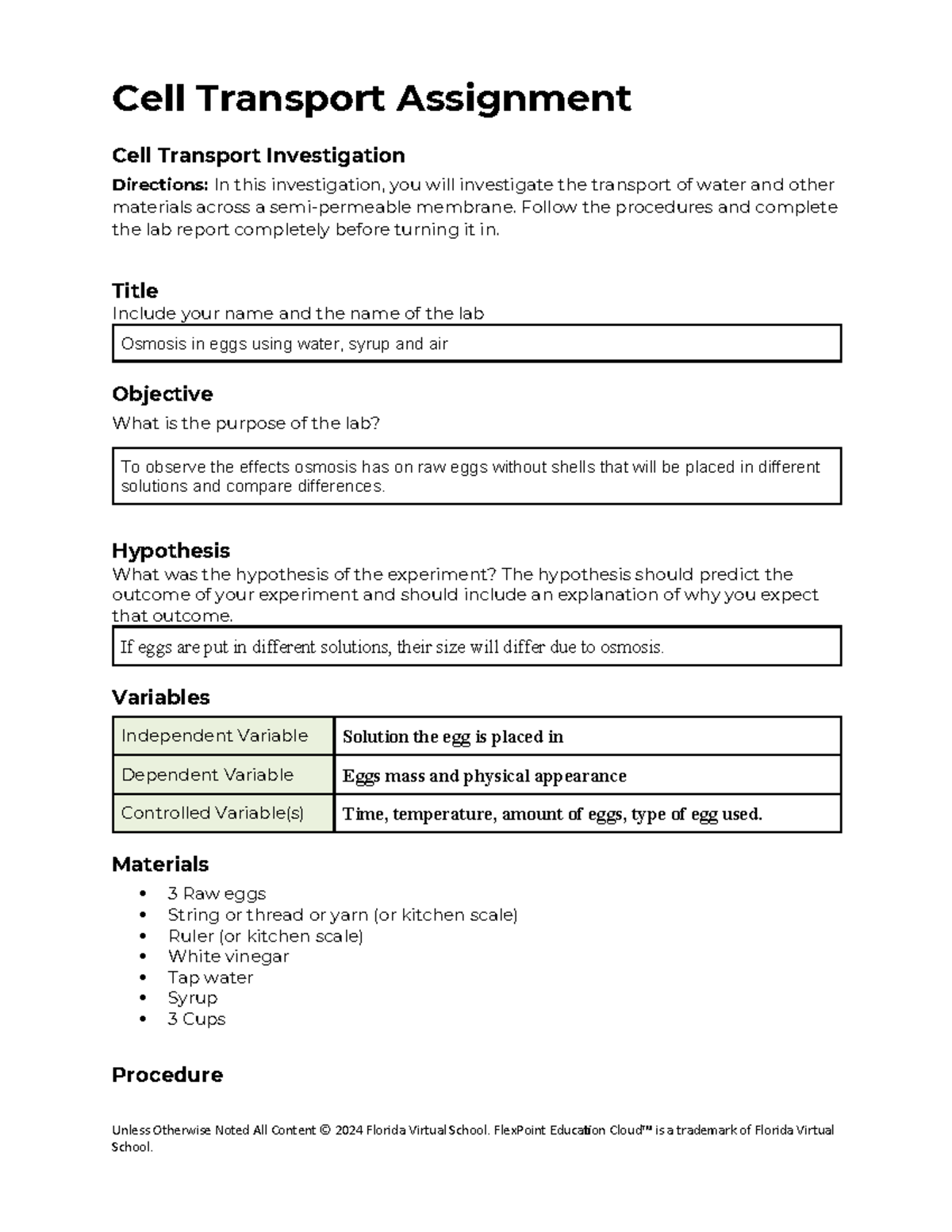 Cell Transport Lab Report: Investigating Osmosis in Eggs - Studocu