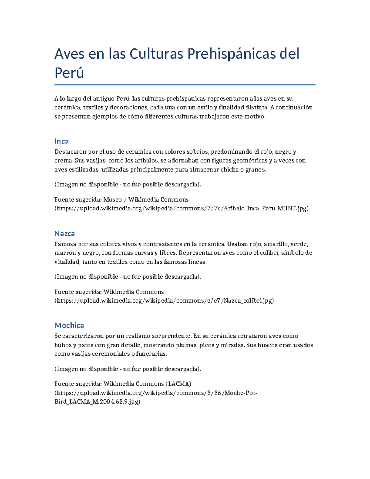 Aves en Culturas Prehispánicas del Perú: Estilos y Ejemplos - Studocu