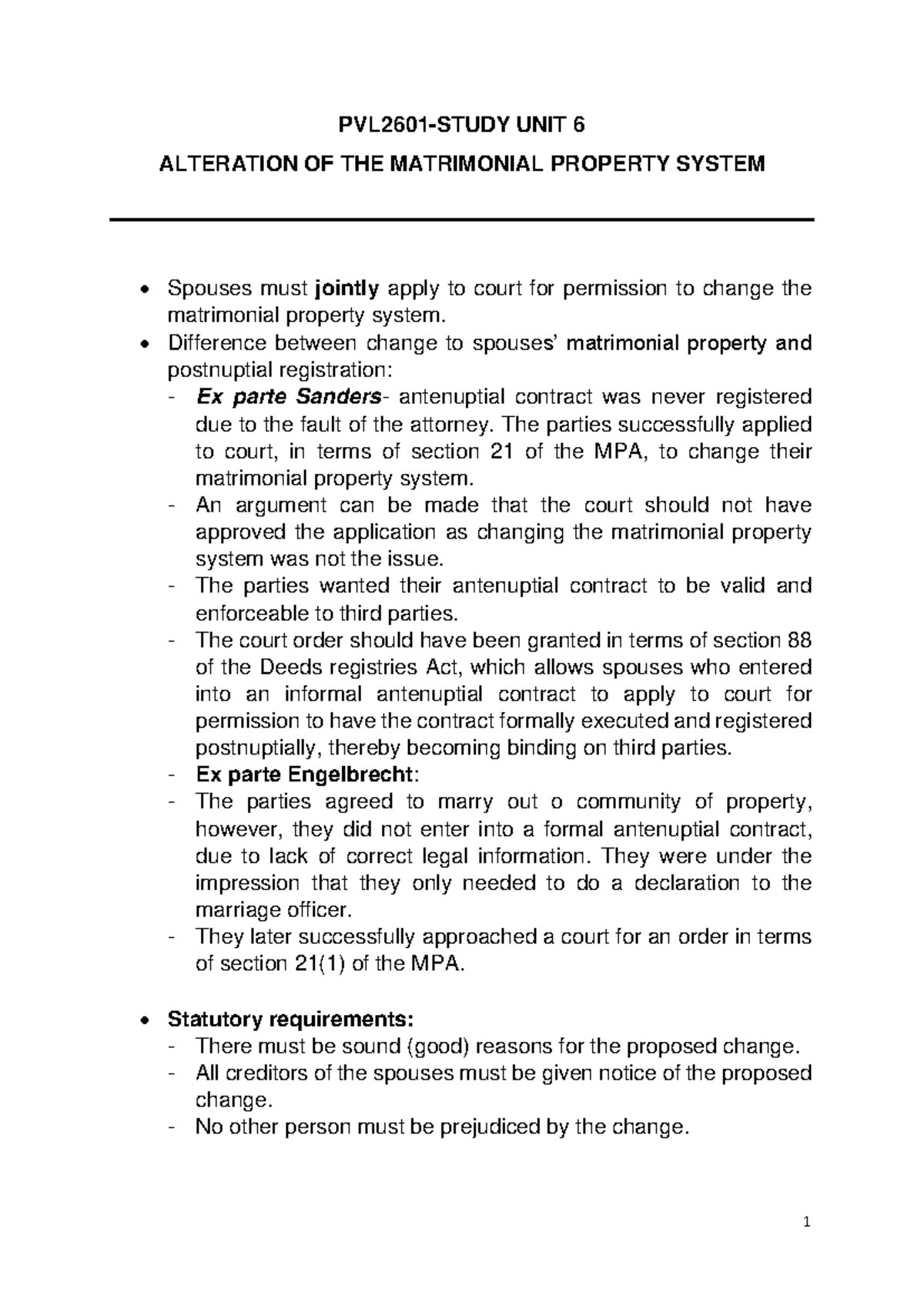 PVL2601 Study Unit 6: Matrimonial Property System Alterations - Studocu