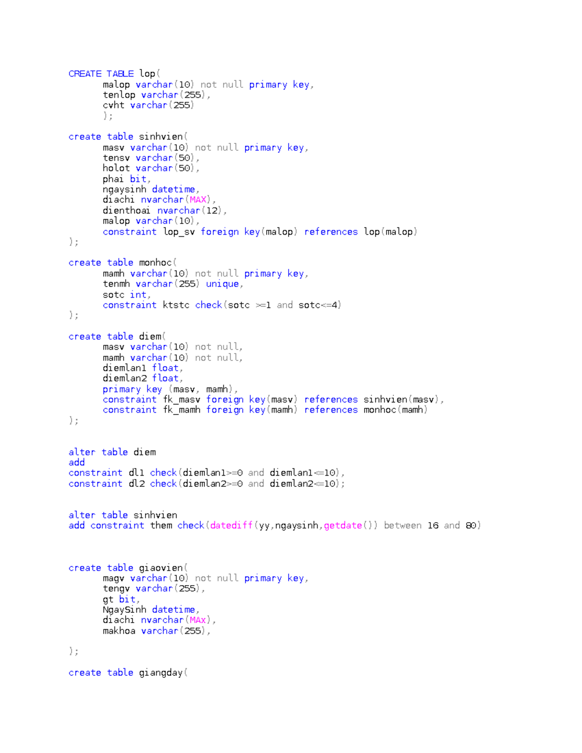 Create Table QLSV - Database Structure and Relationships - Studocu