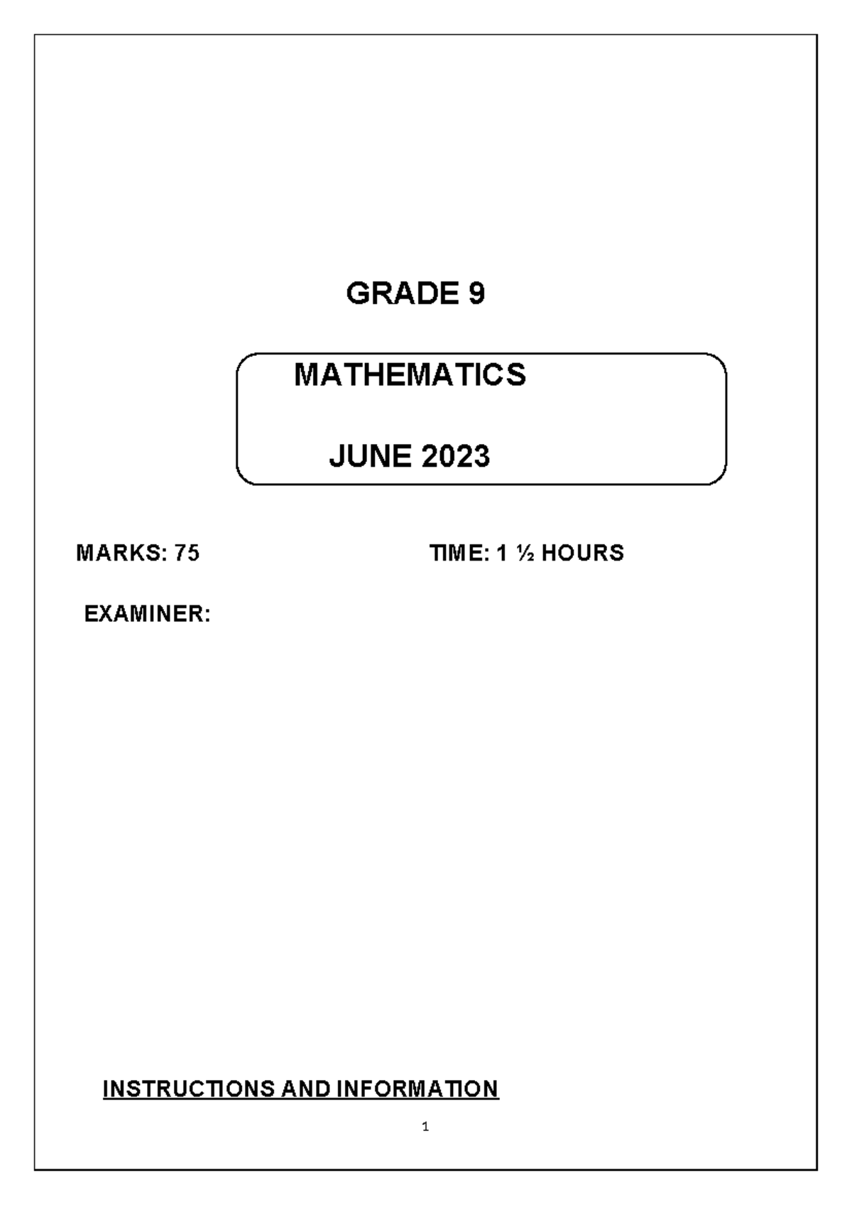 Gr 9 Mathematics June Exam Paper 2023 - Total Marks: 75 - Studocu