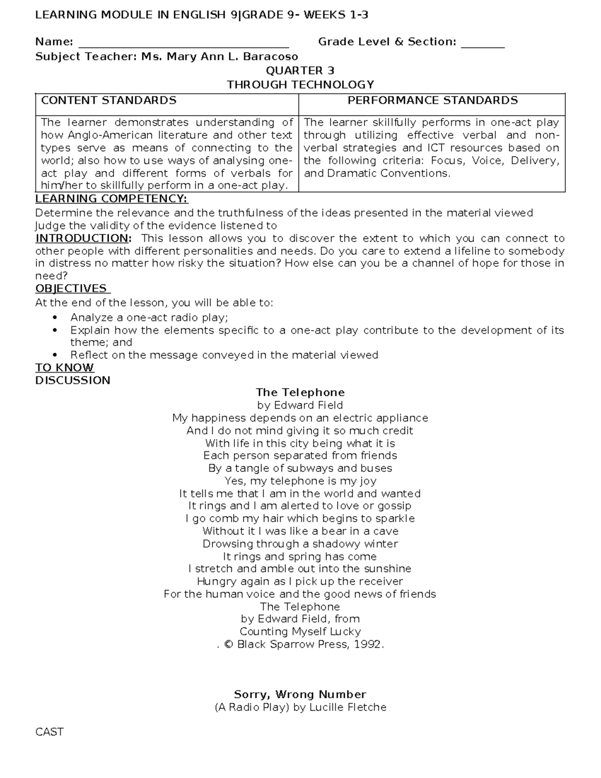 Grade 9-Q3- Weeks 1-3 - notes and activities - Name