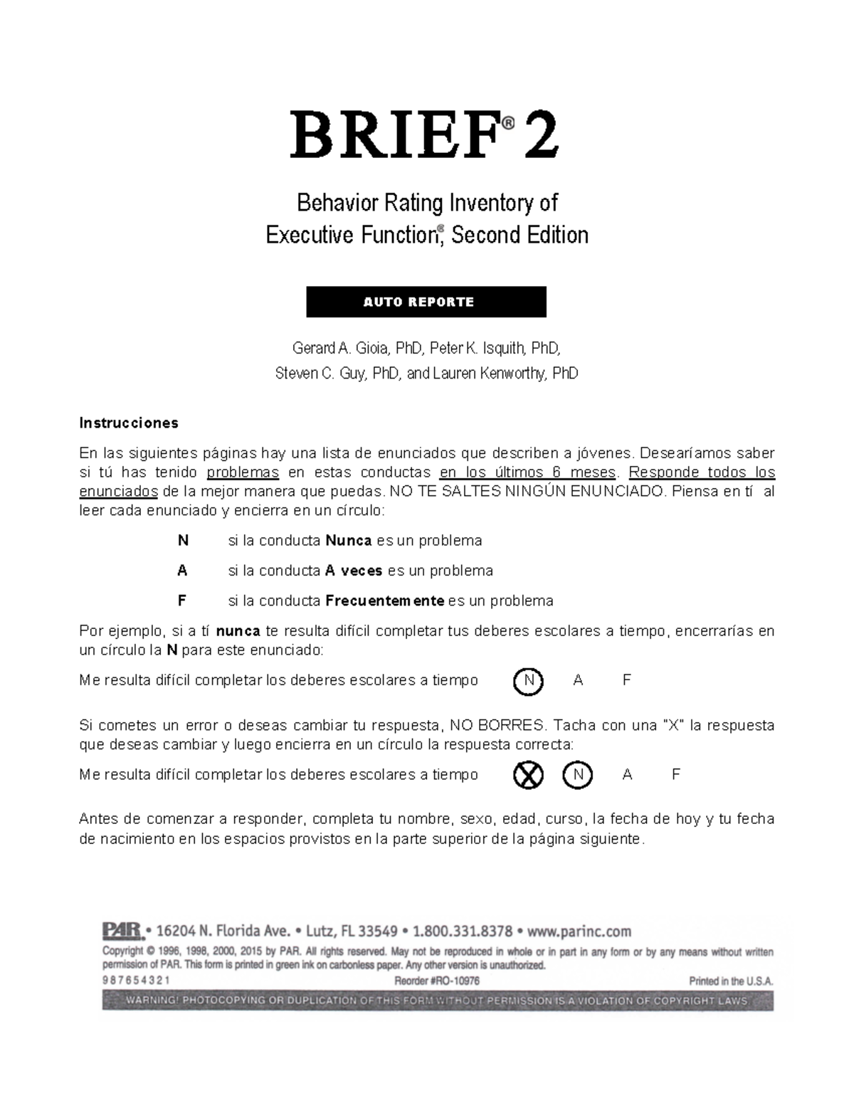 BRIEF 2 - Cuestionario de Evaluación de Funciones Ejecutivas - Studocu