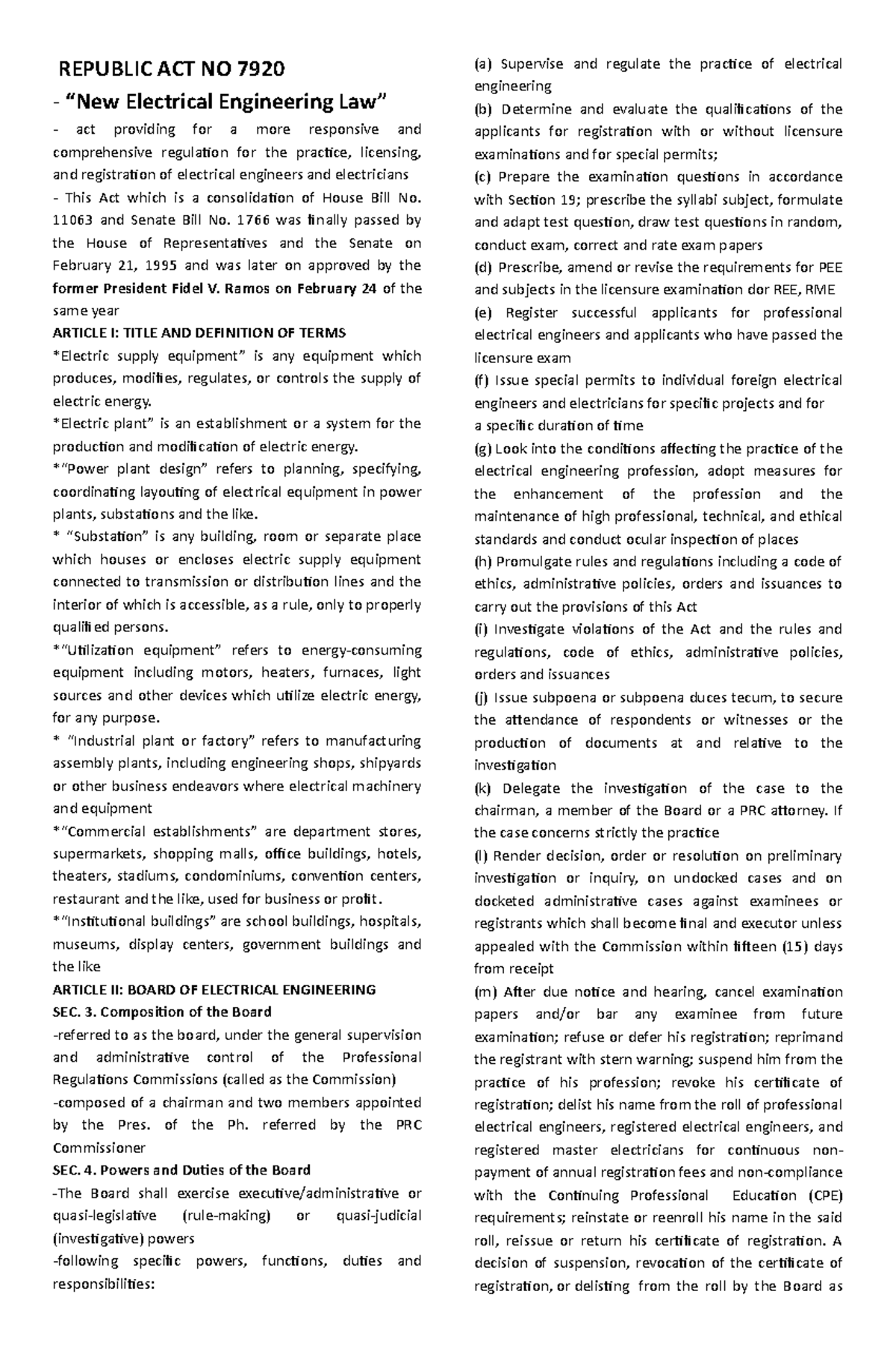 Reviewer in Electrical Engineering Laws - REPUBLIC ACT NO 7920 - “New ...
