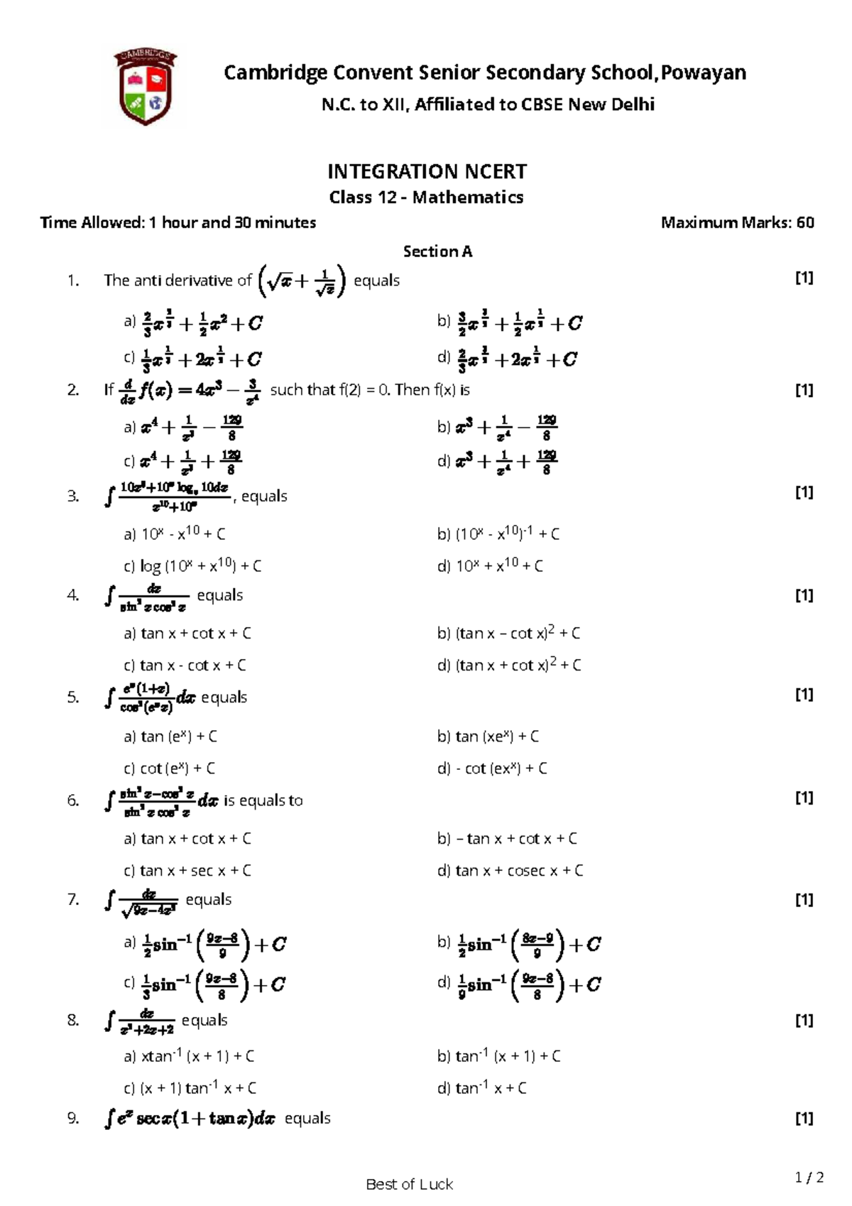 Class 12 Mathematics Integration NCERT - Important Questions - Studocu