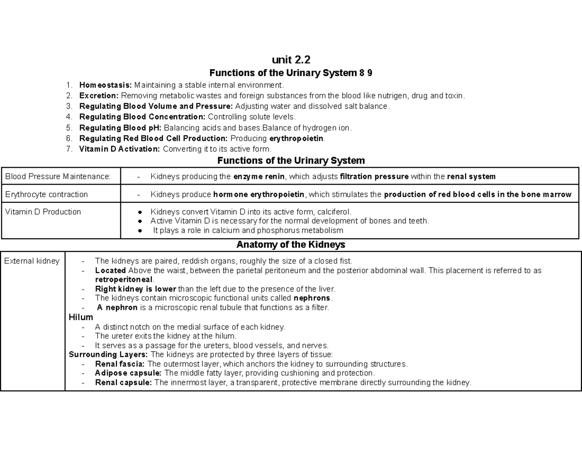 Unit 2.2: Functions of the Urinary System - Studocu