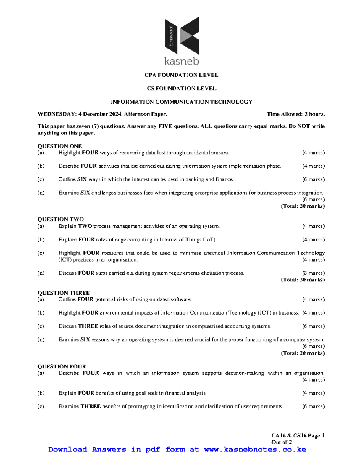 **ICT 2015-Dec-2024 - KASNEB CPA PAST EXAMS Overview for CA16 & CS16 ...