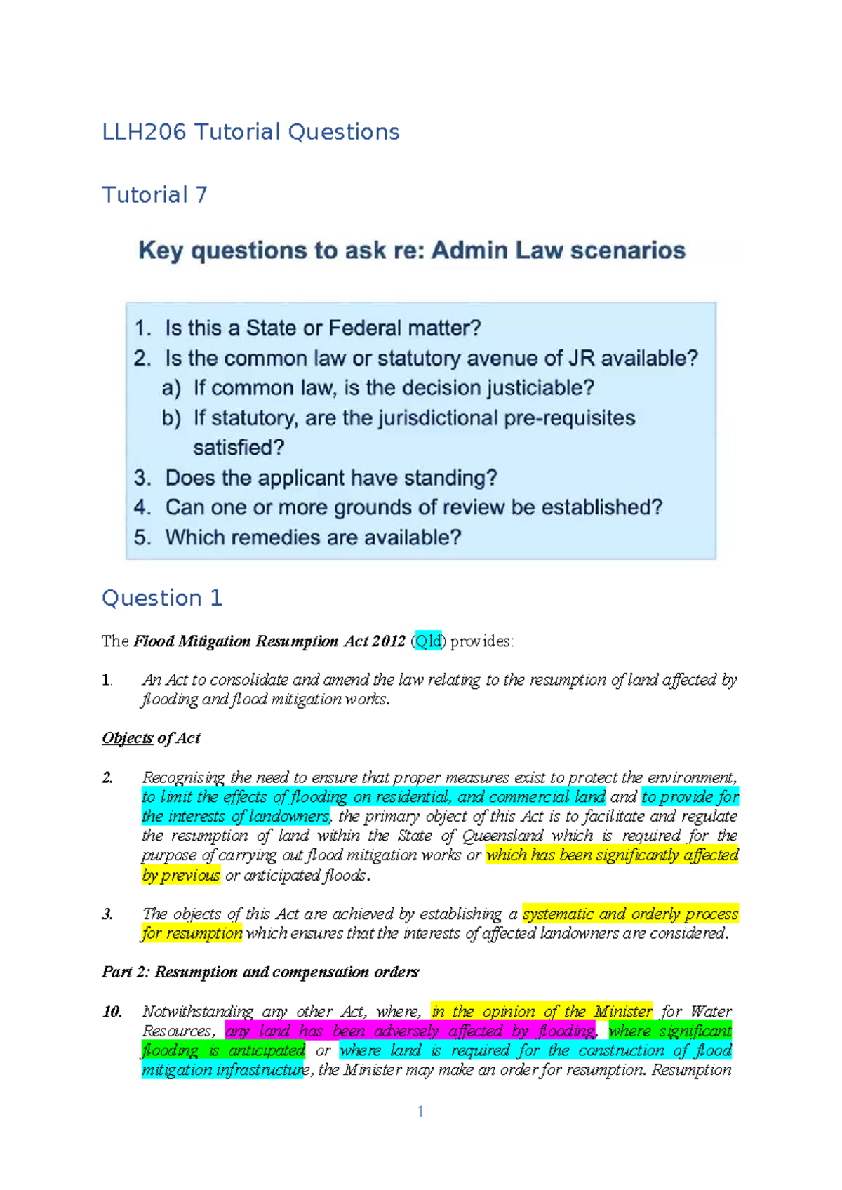 LLH206 Tutorial 7: Questions on The Flood Mitigation Resumption Act ...