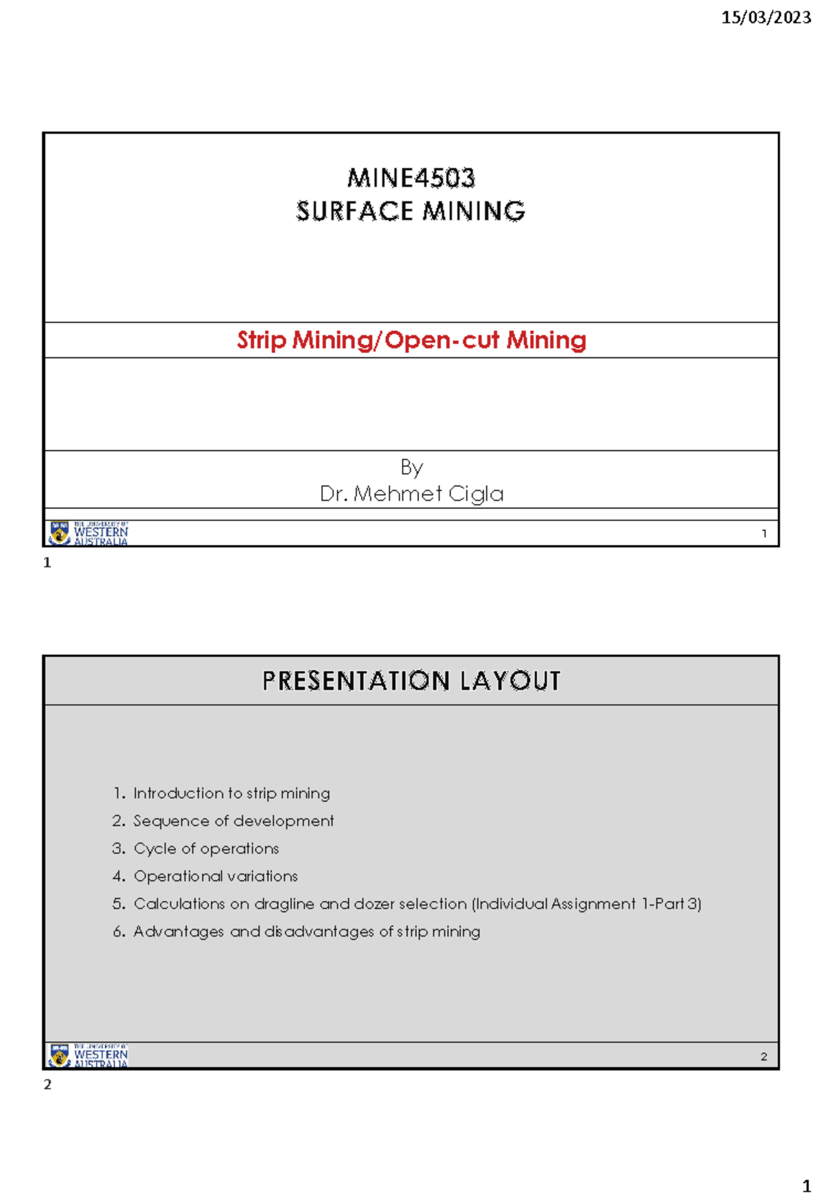 MINE4503 Strip Mining: Operations, Calculations, and Methods - Studocu