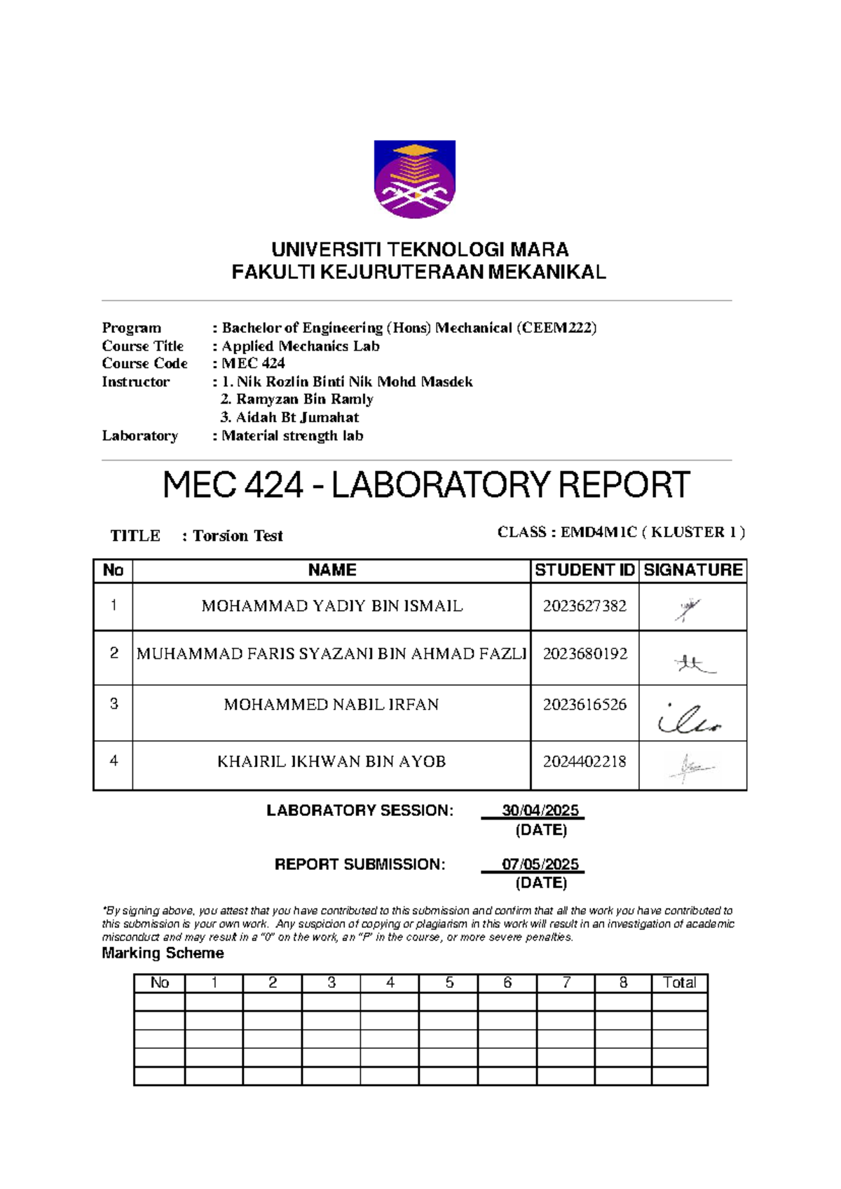 Torsion Test Laboratory Report - MEC 424 EMD4M1C - Studocu