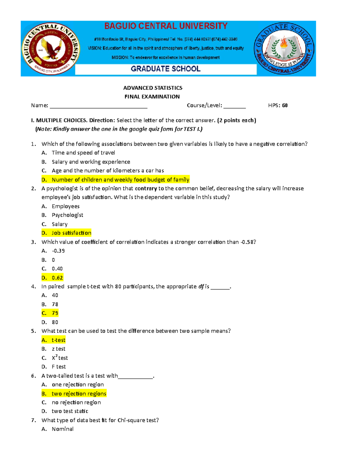 Advanced Statistics - Final Exam Answers and Explanations - Studocu
