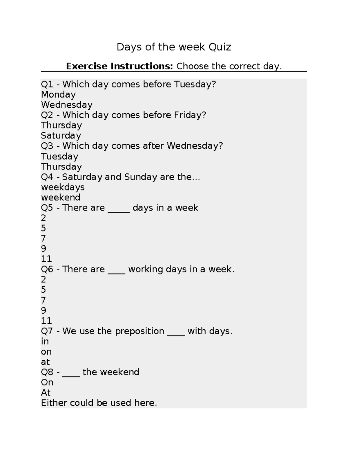Days of the week Quiz - Days of the week Quiz Exercise Instructions ...