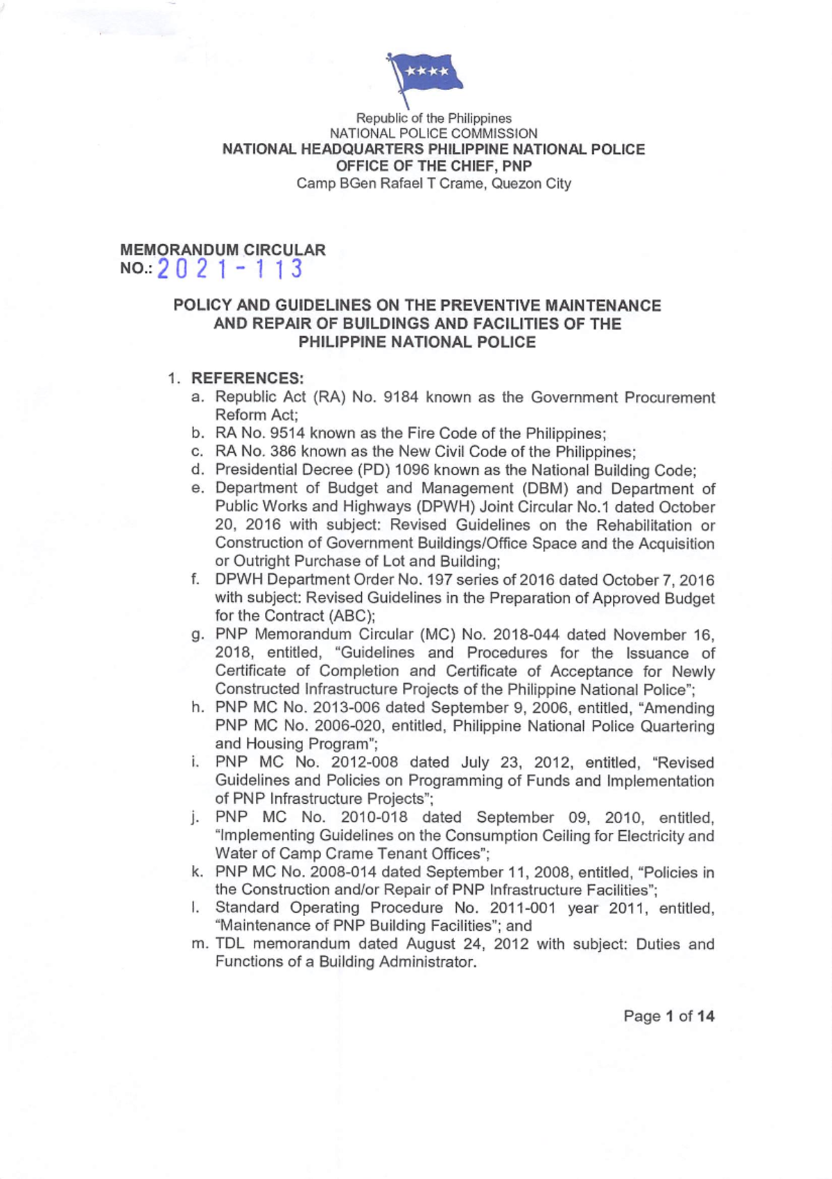 PNP MC 2021-113: Guidelines for Building Maintenance & Repair - Studocu