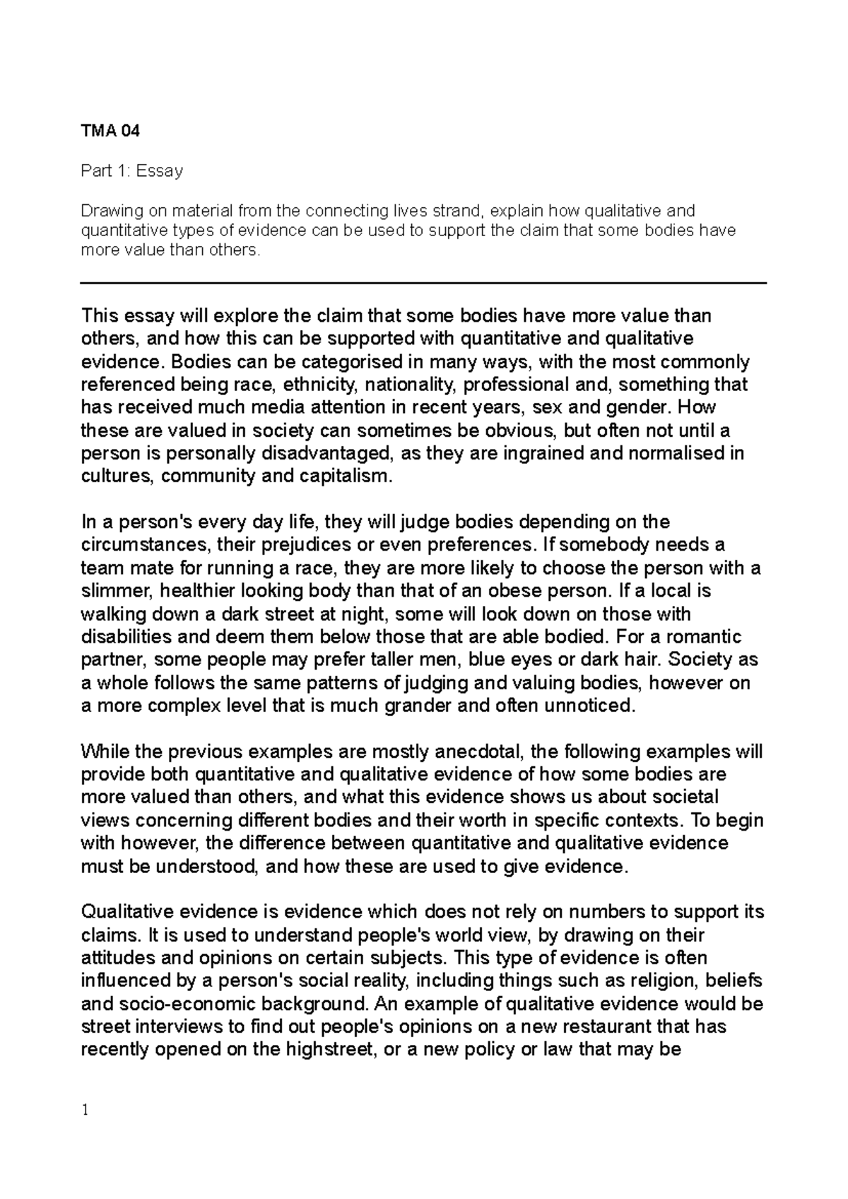 DD102 TMA 04 Final Essay: Value of Bodies in Society - Studocu
