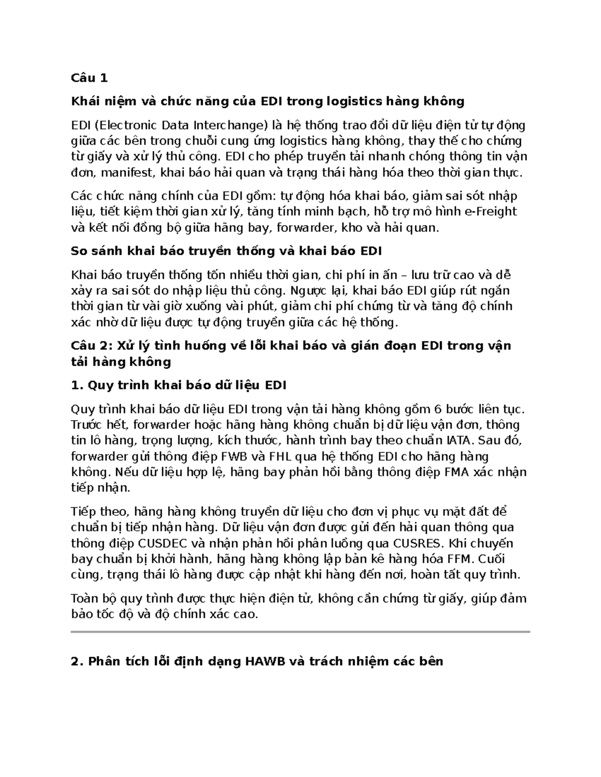 Câu 1 - Chức Năng và Quy Trình EDI trong Logistics Hàng Không - Studocu