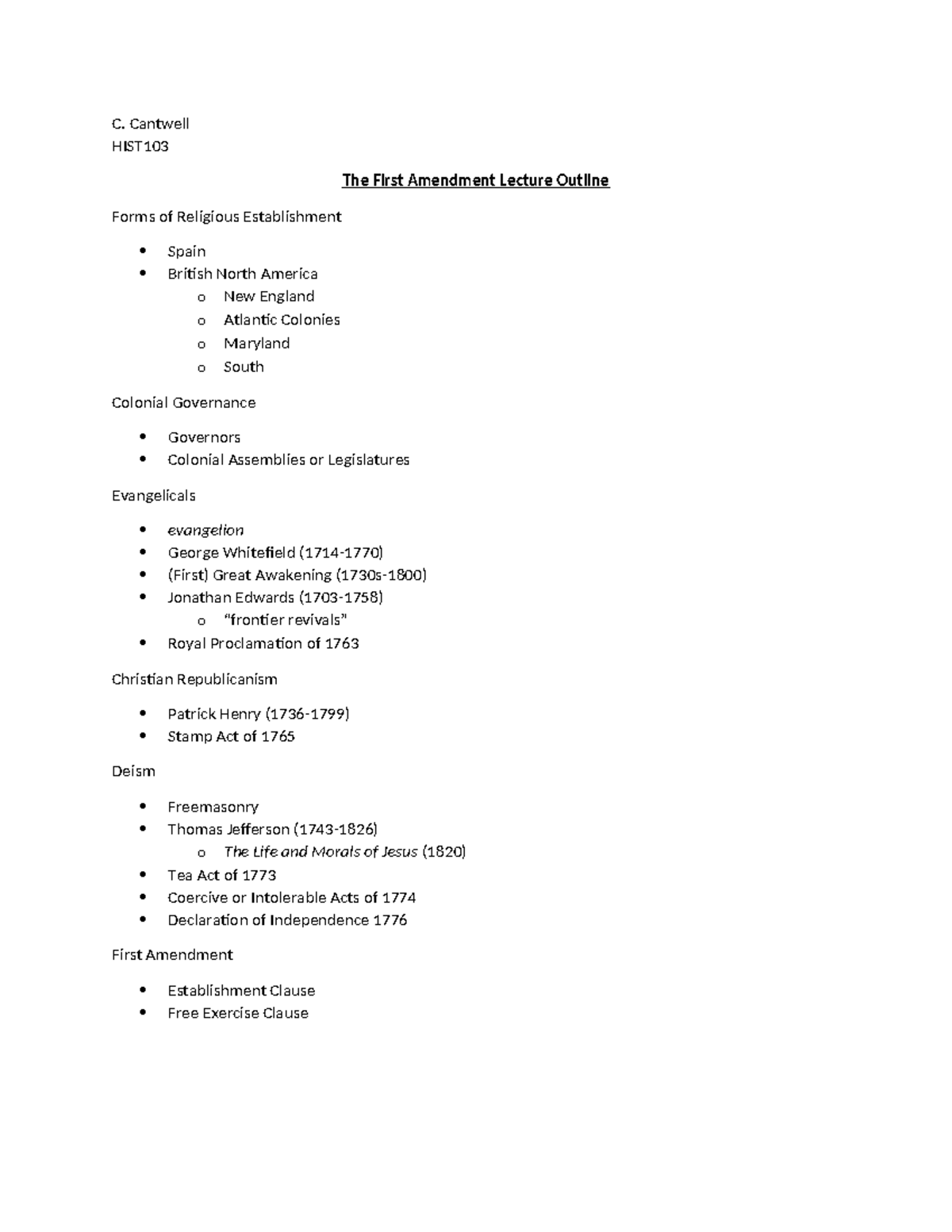 HIST103: First Amendment Lecture Outline and Religious Establishment ...