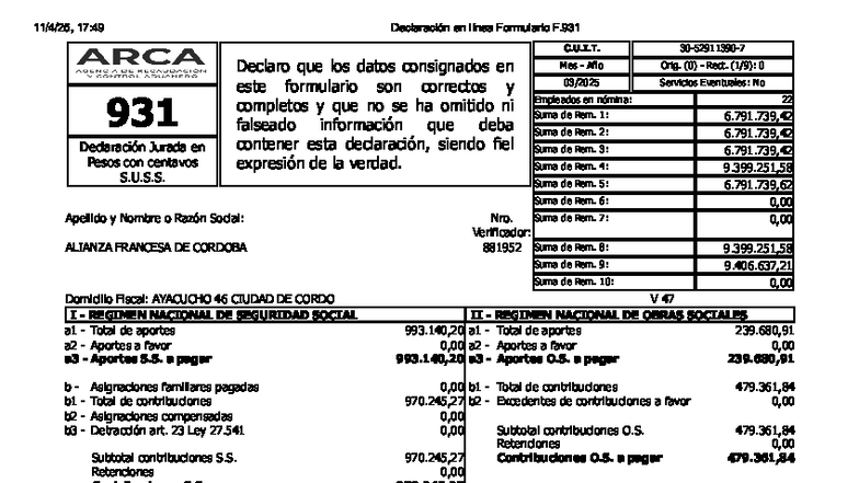 Formulario 931 - ejemplo de trabajopara prqacticar - - Studocu