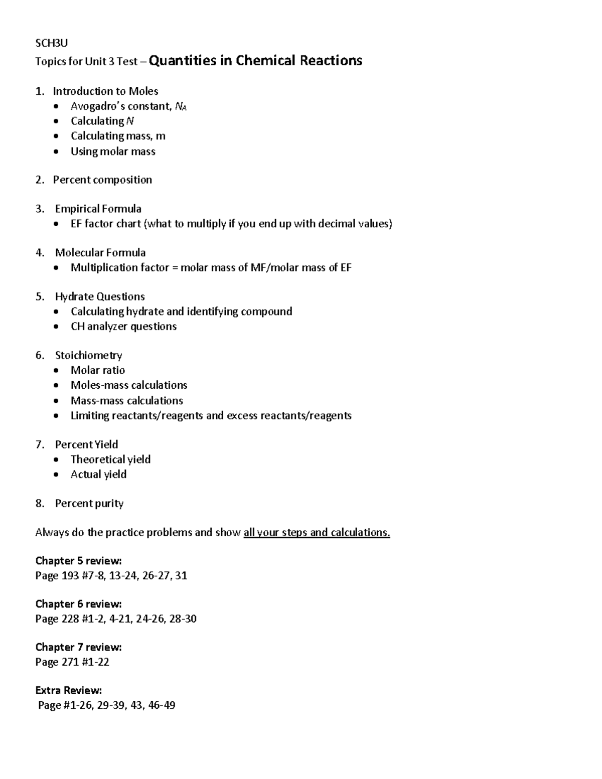 SCH3U - Unit 3 Test Review: Quantities in Chemical Reactions - Studocu