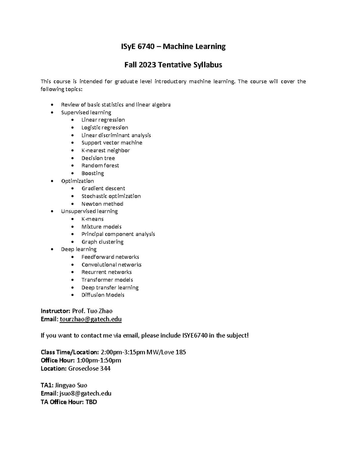 ISyE 6740 Fall 2023 Machine Learning Tentative Course Syllabus - Studocu
