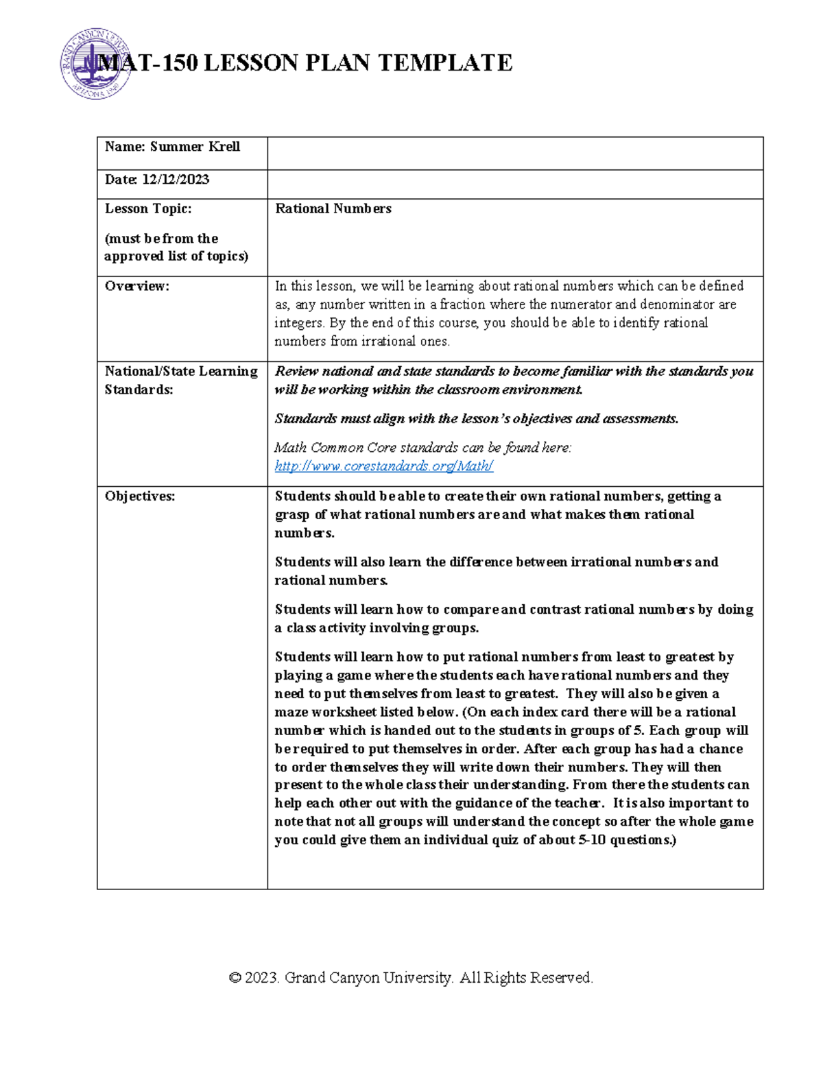 MAT-150 Lesson Plan for Understanding Rational Numbers - Studocu