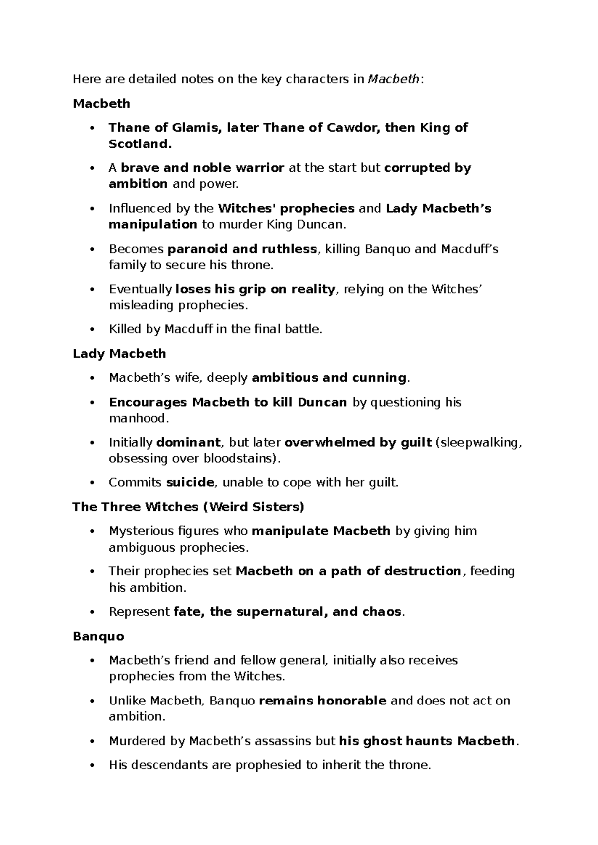 Macbeth Character Analysis (Dot Points) - Here are detailed notes on ...
