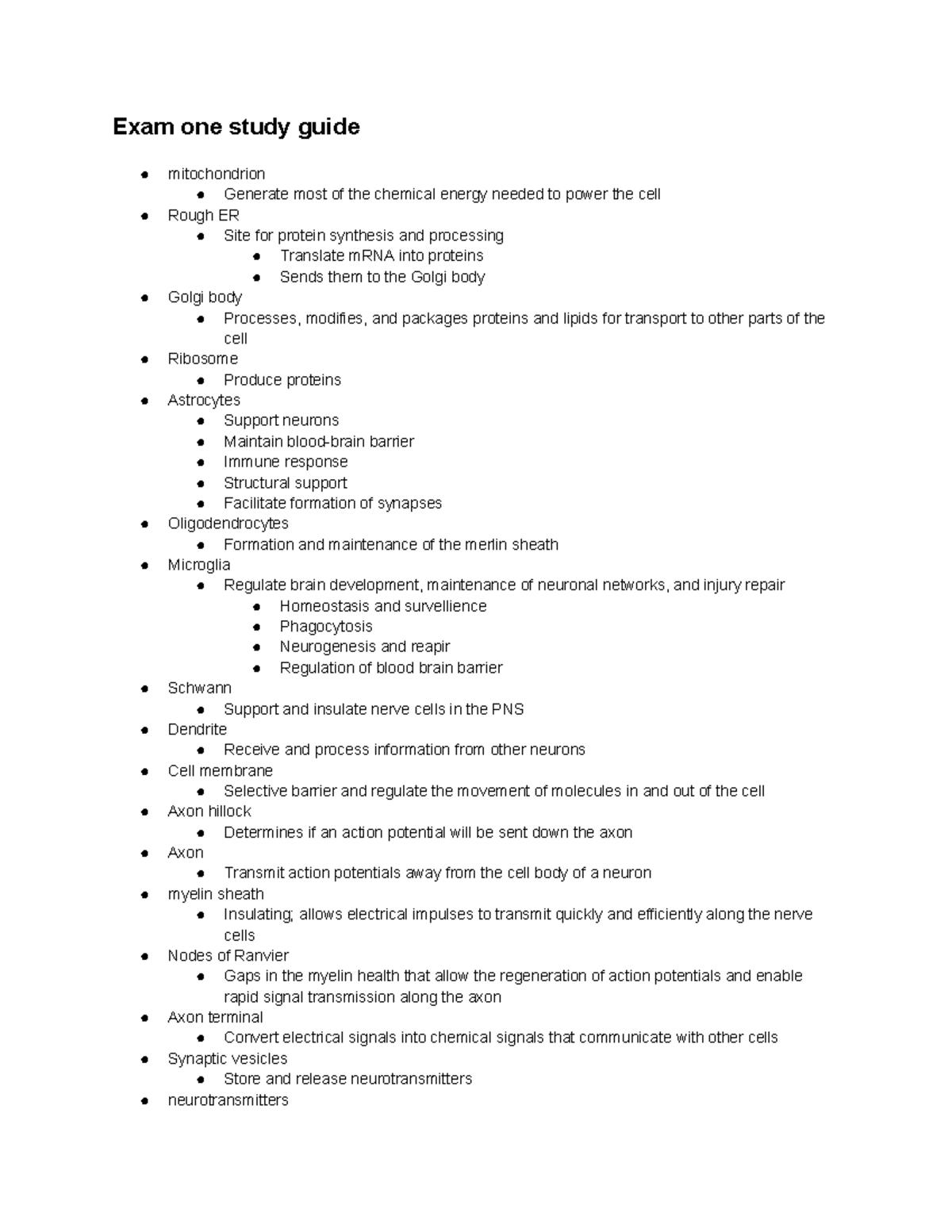 Exam 1 Study Guide for Neuroscience (CNS, PNS, Action Potentials ...