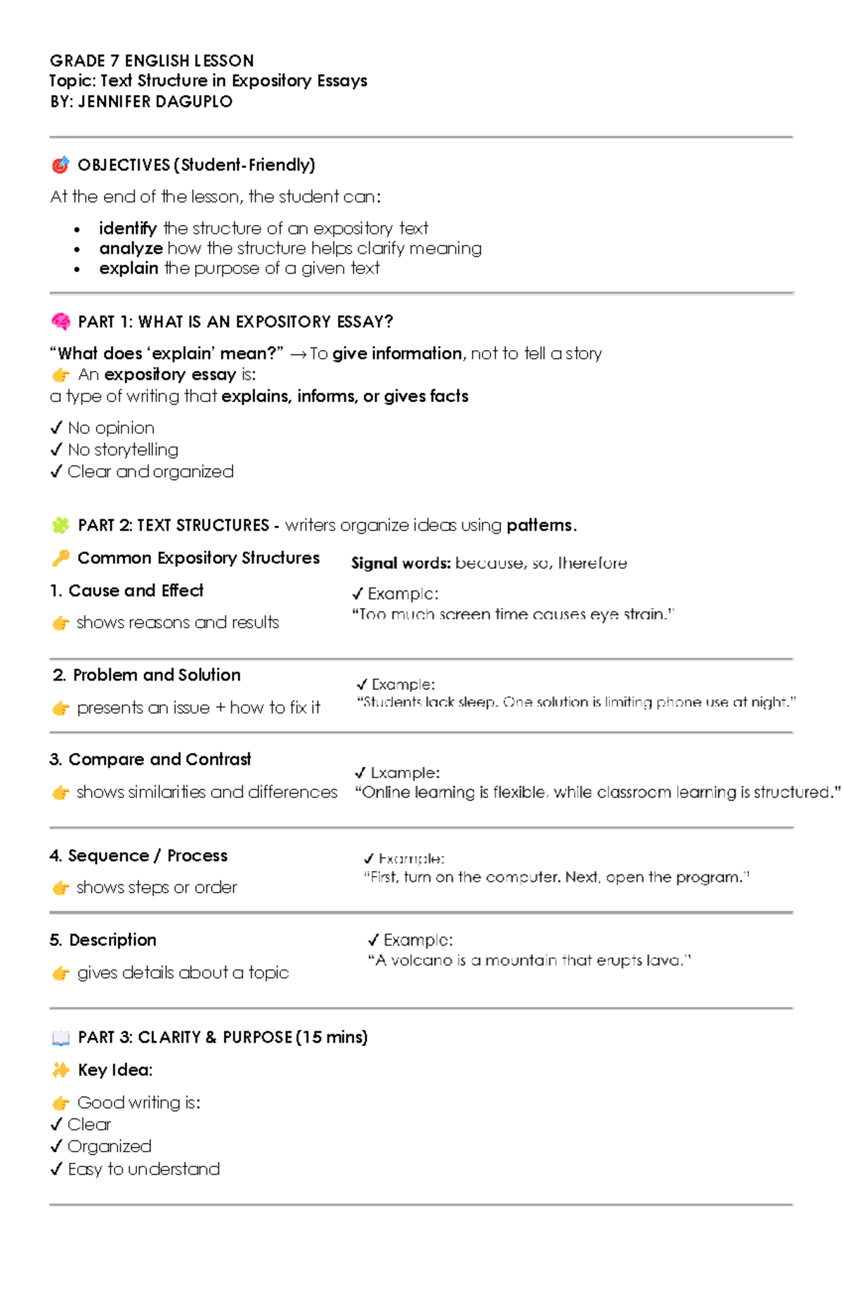Grade 7 English Lesson: Text Structure in Expository Essays - Studocu
