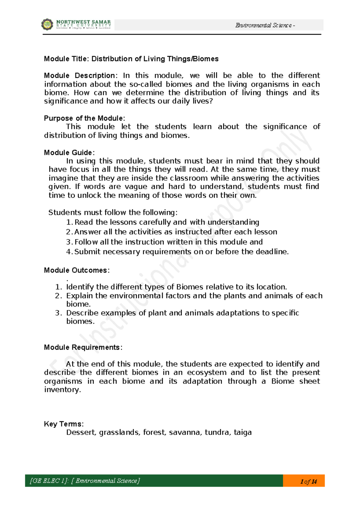 Module-3: Distribution of Living Things and Biomes Exploration - Studocu