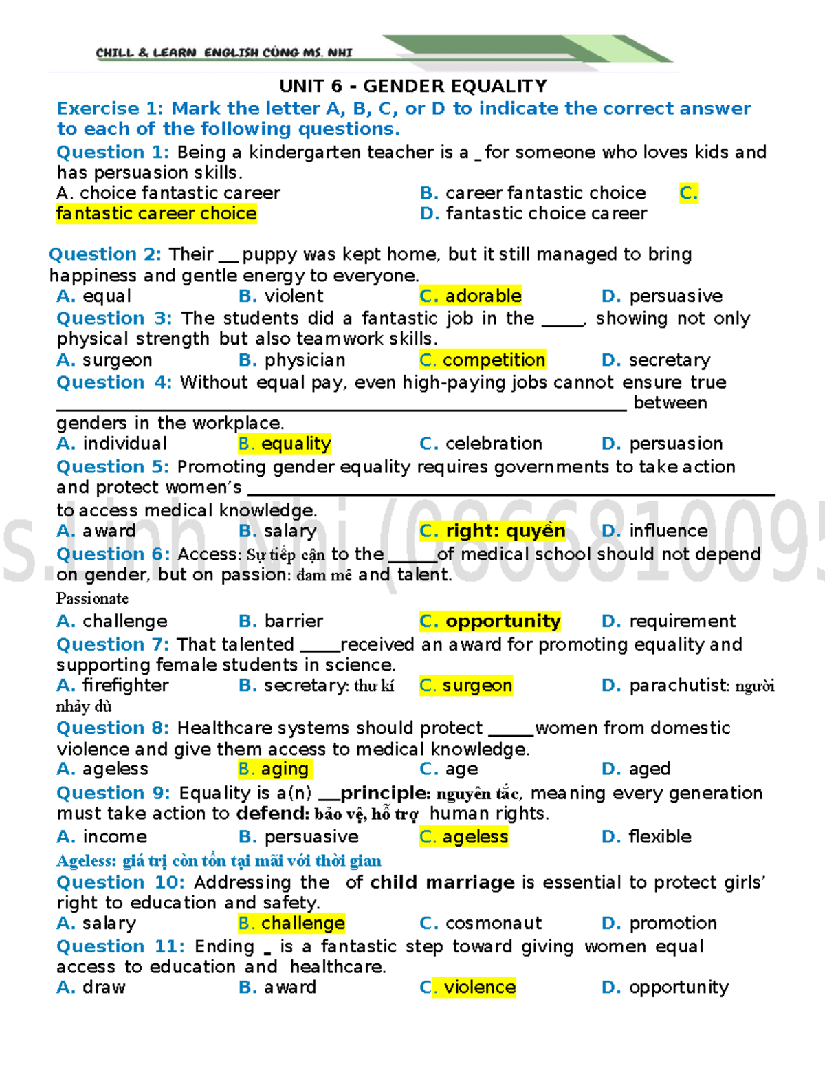 UNIT 6 GENDER EQUALITY: Exercises and Key Concepts Review - Studocu
