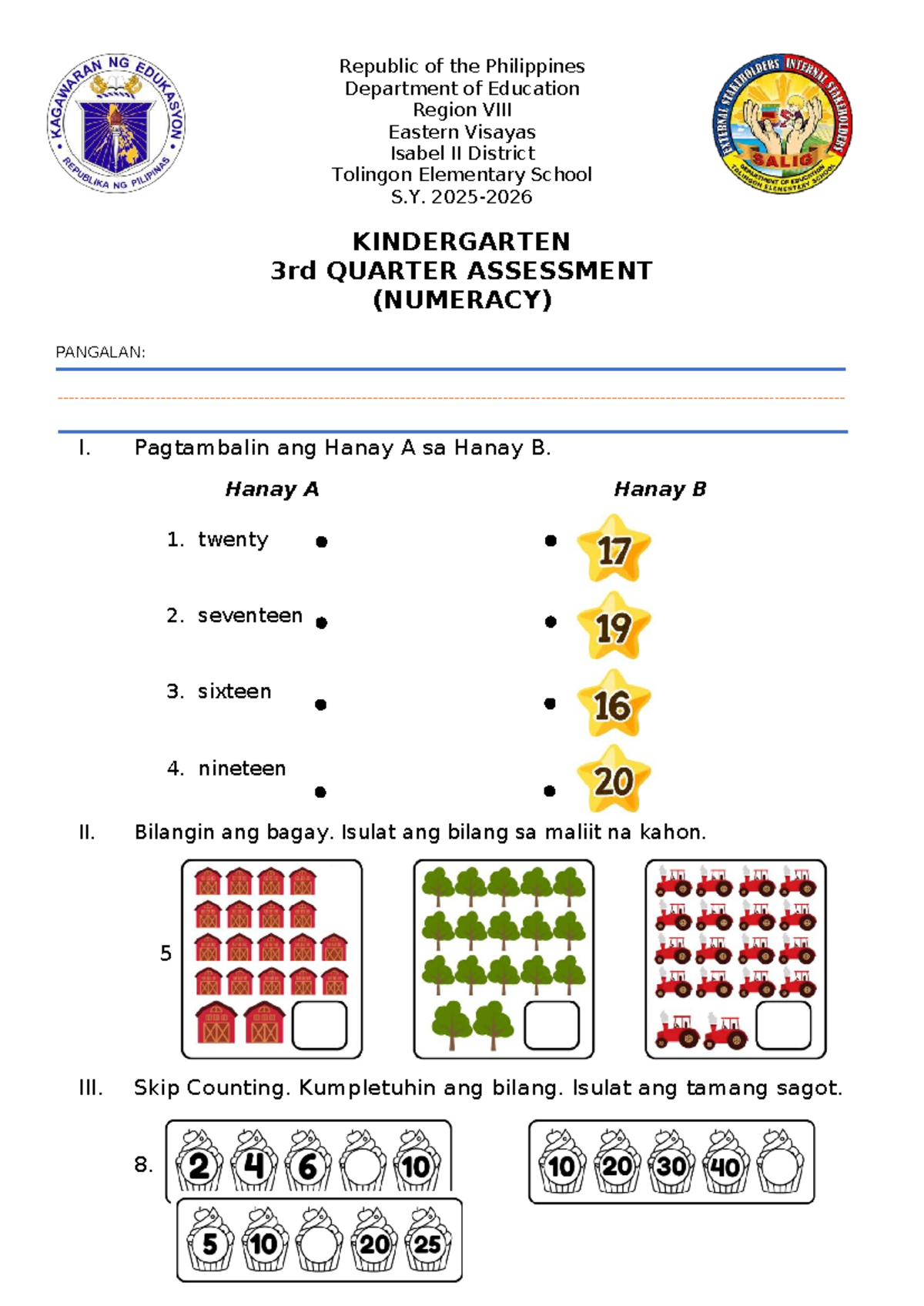 Isabel II District Kindergarten S.Y. Lo Q3 Numeracy Assessment - Studocu