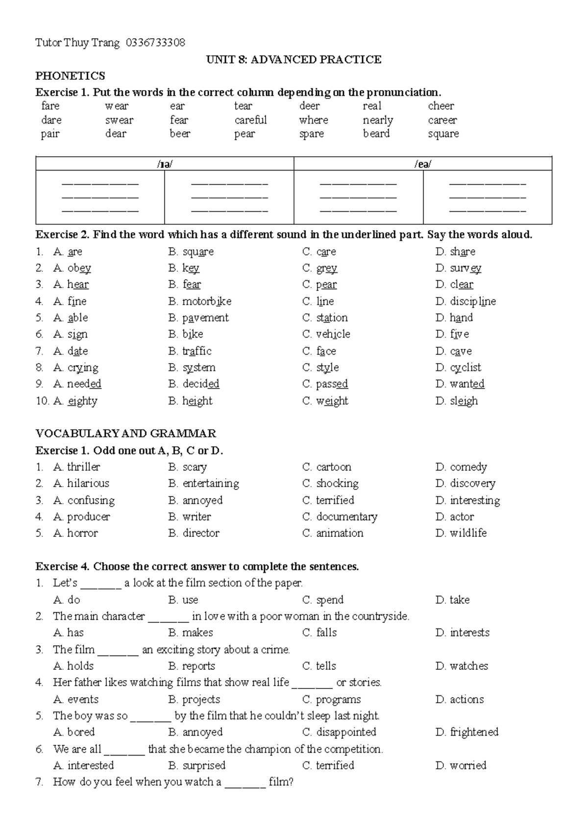 Ôn Tập Tiếng Anh 7: UNIT 8 - Advanced Phonetics & Vocabulary Exercises ...