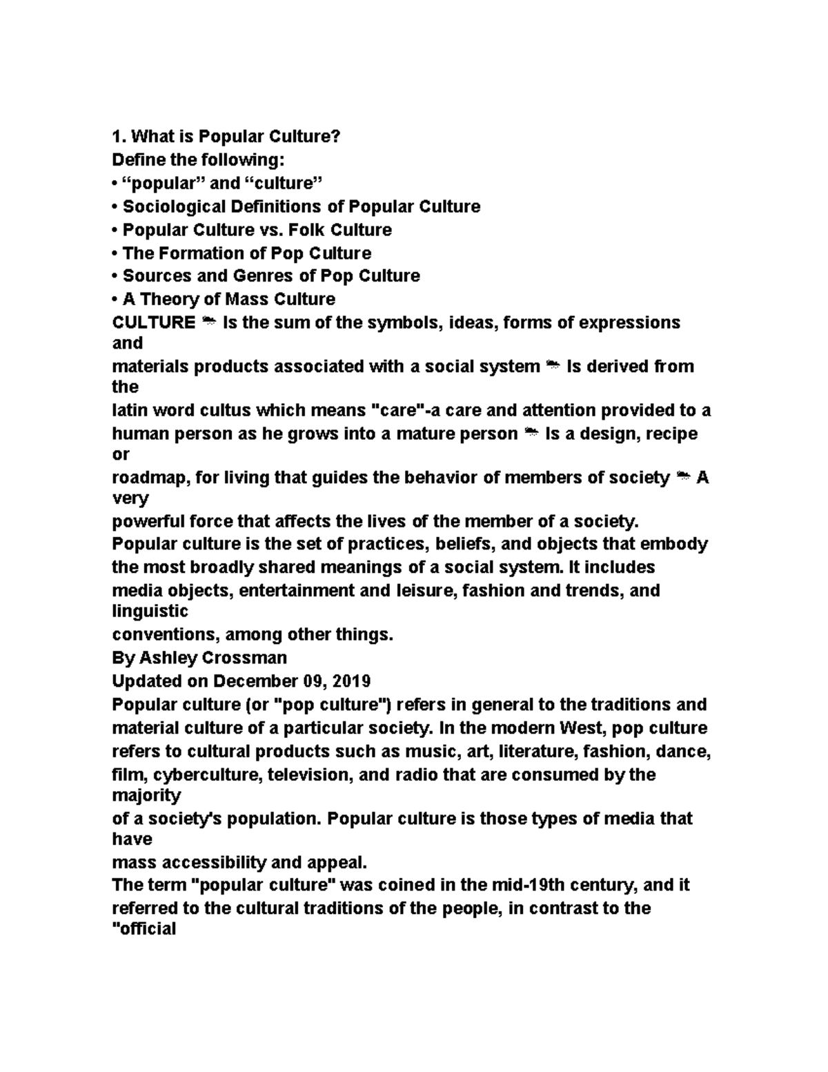 CEArts 1 Lesson 3: Understanding Popular Culture and Its Impact - Studocu