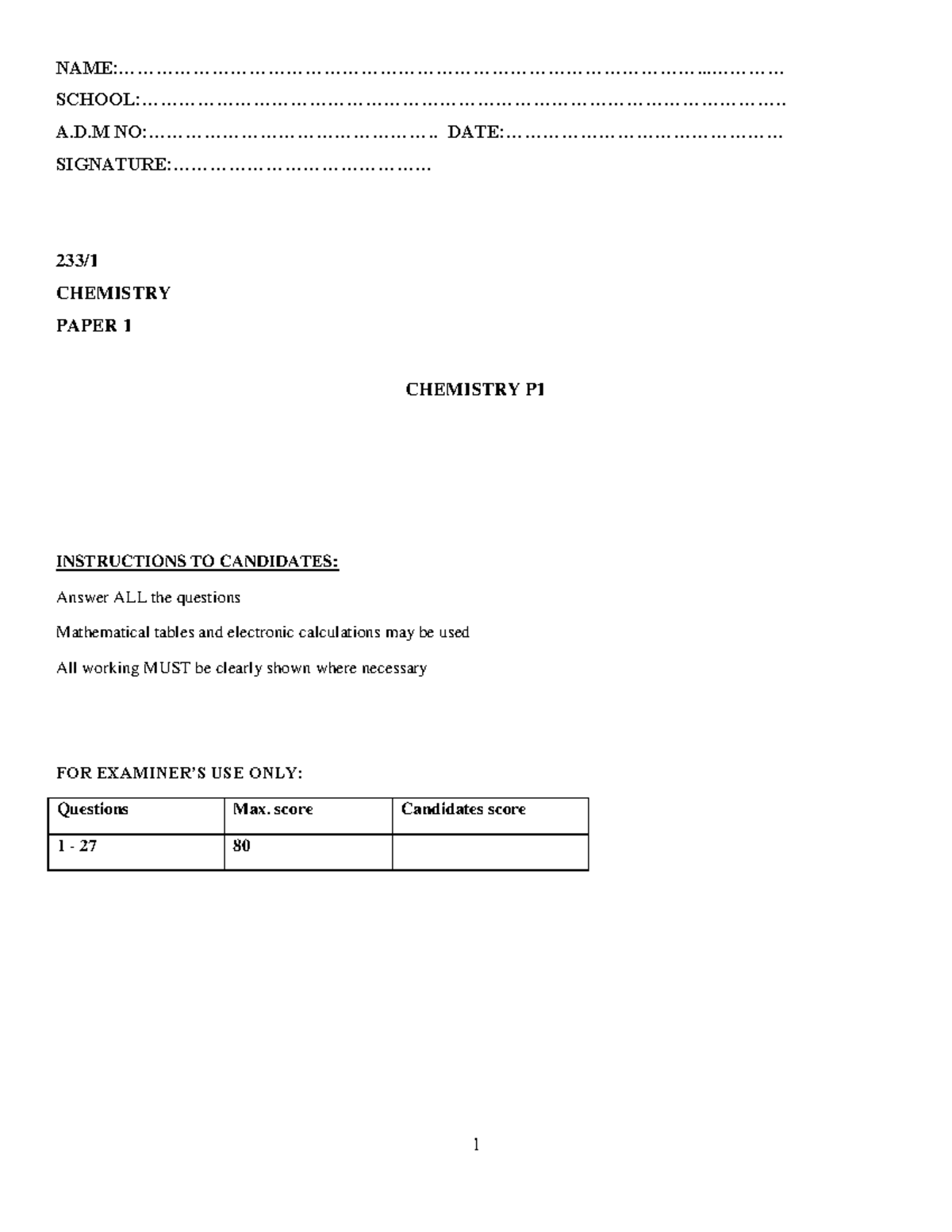 A.D.M CHEMISTRY P1 ASSIGNMENT - FORM 3 CHEMISTRY 2026 - Studocu