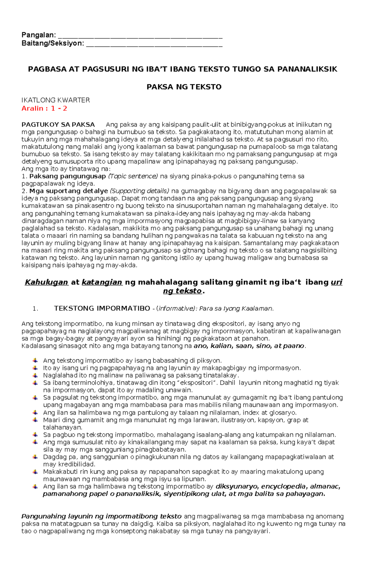 Q3 Pagbasa AT Pagsusuri Aralin 1 2 - Pangalan