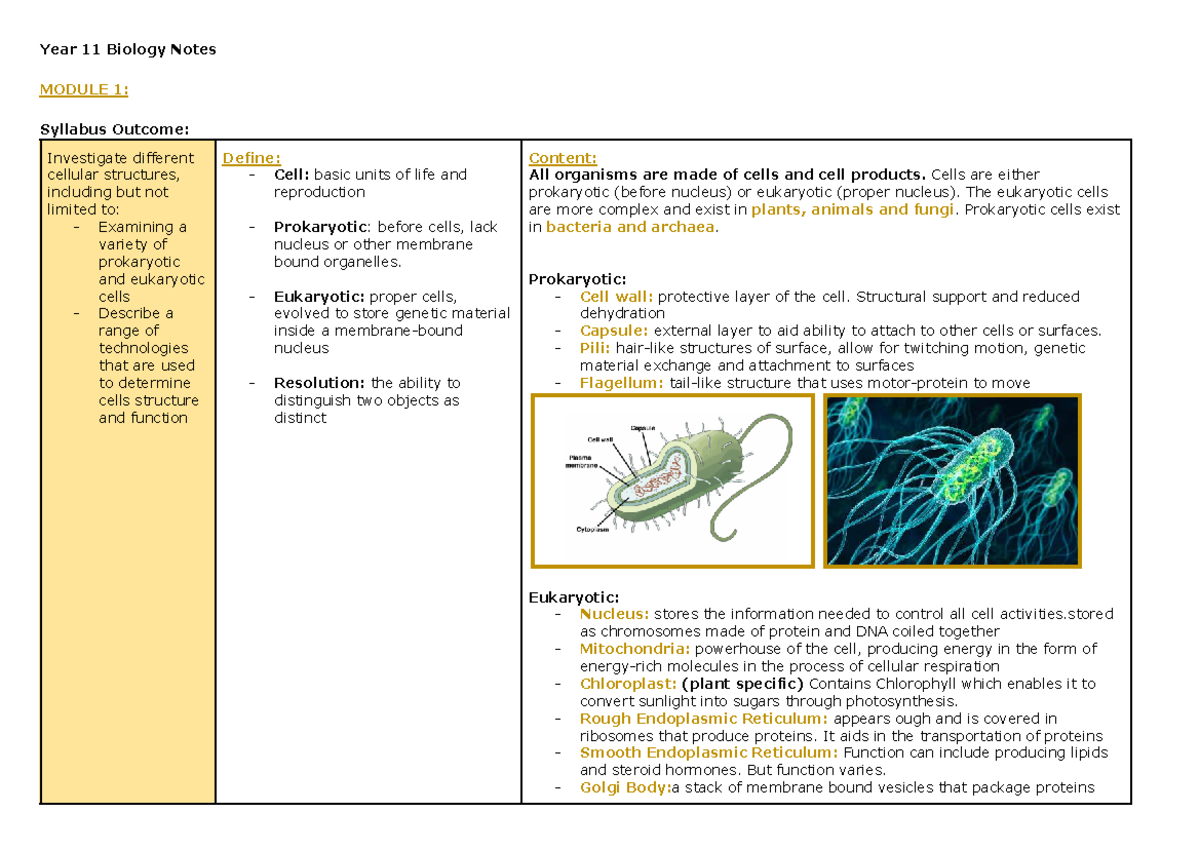 Year 11 Biology Notes: Cellular Structures & Functions Overview - Studocu