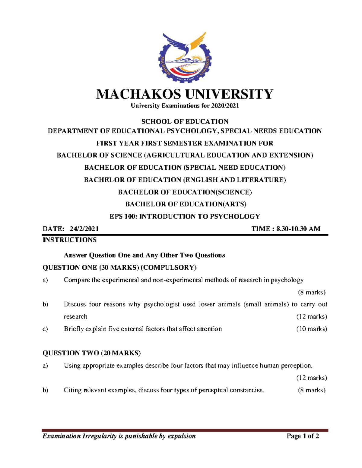 EPS 100: Introduction to Psychology - Exam Questions and Guidelines ...