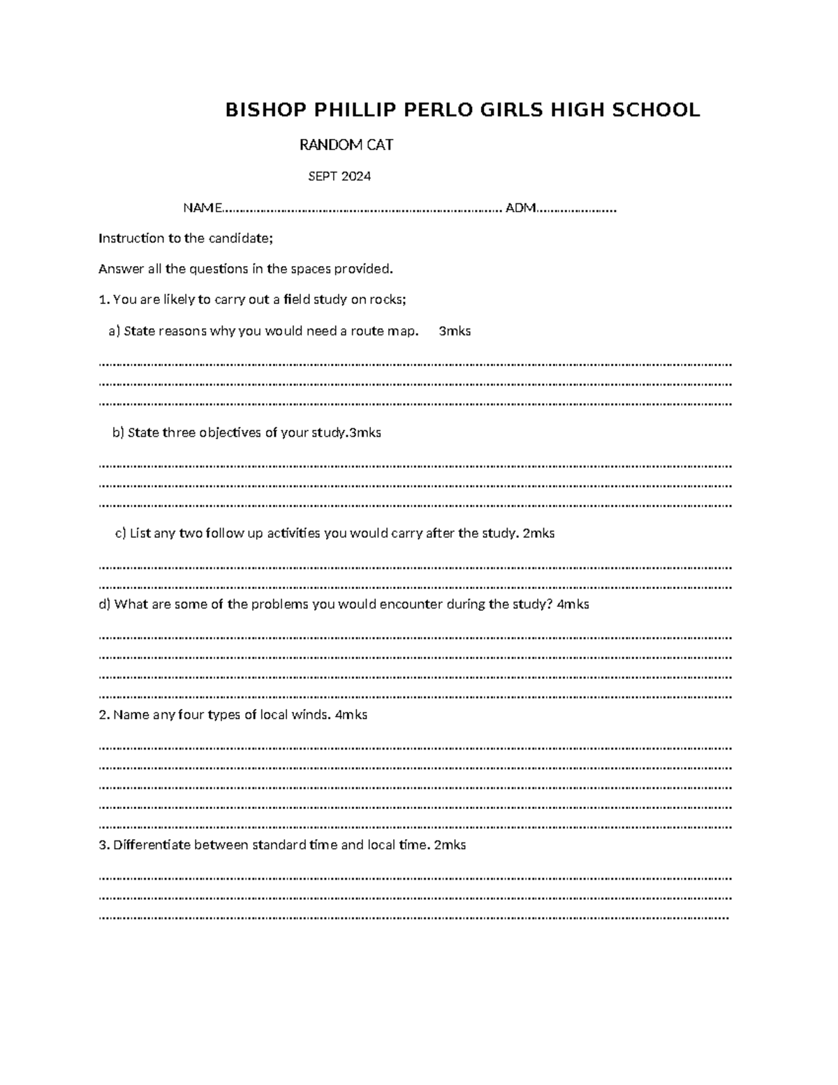 Geography Field Study Questions - BPPGHS - Sept 2024 - Studocu