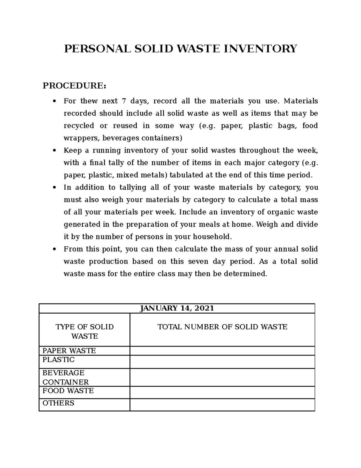 Personal Solid Waste Inventory: A 7-Day Tracking Guide - Studocu