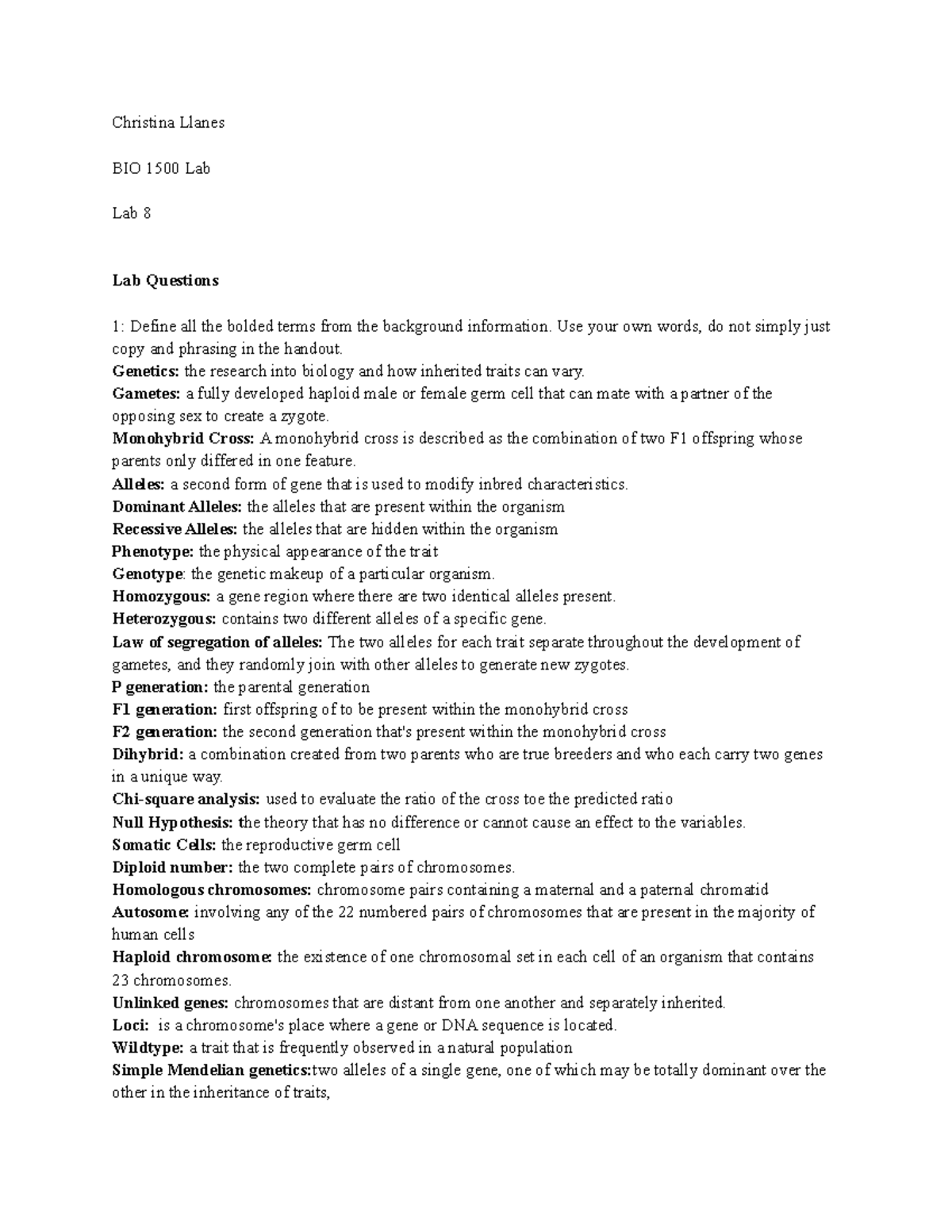 biology laboratory 8 - Christina Llanes BIO 1500 Lab Lab 8 Lab Questions 1: Define all the ...