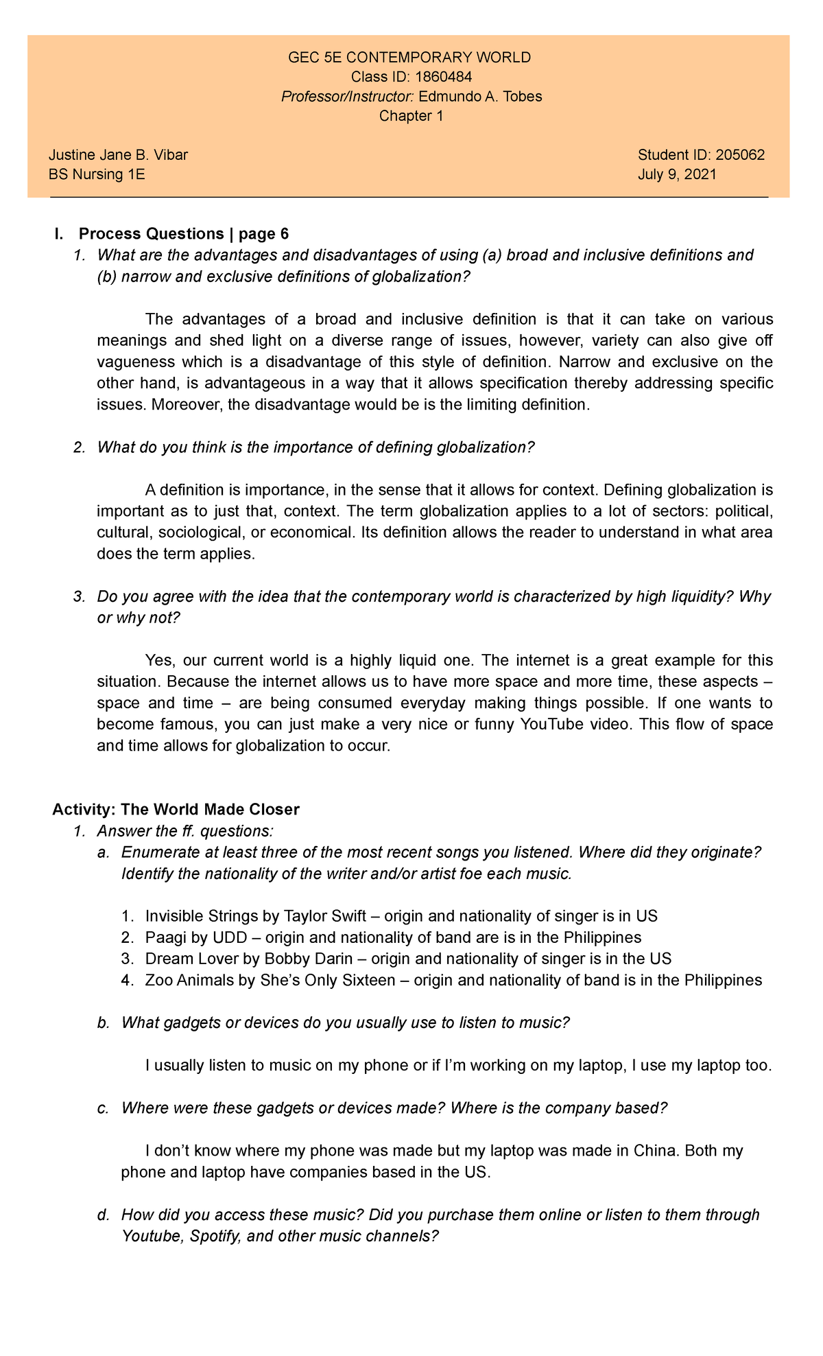 Chapter 1 Contemporary World - GEC 5E CONTEMPORARY WORLD Class ID: 1860484 Professor/Instructor ...